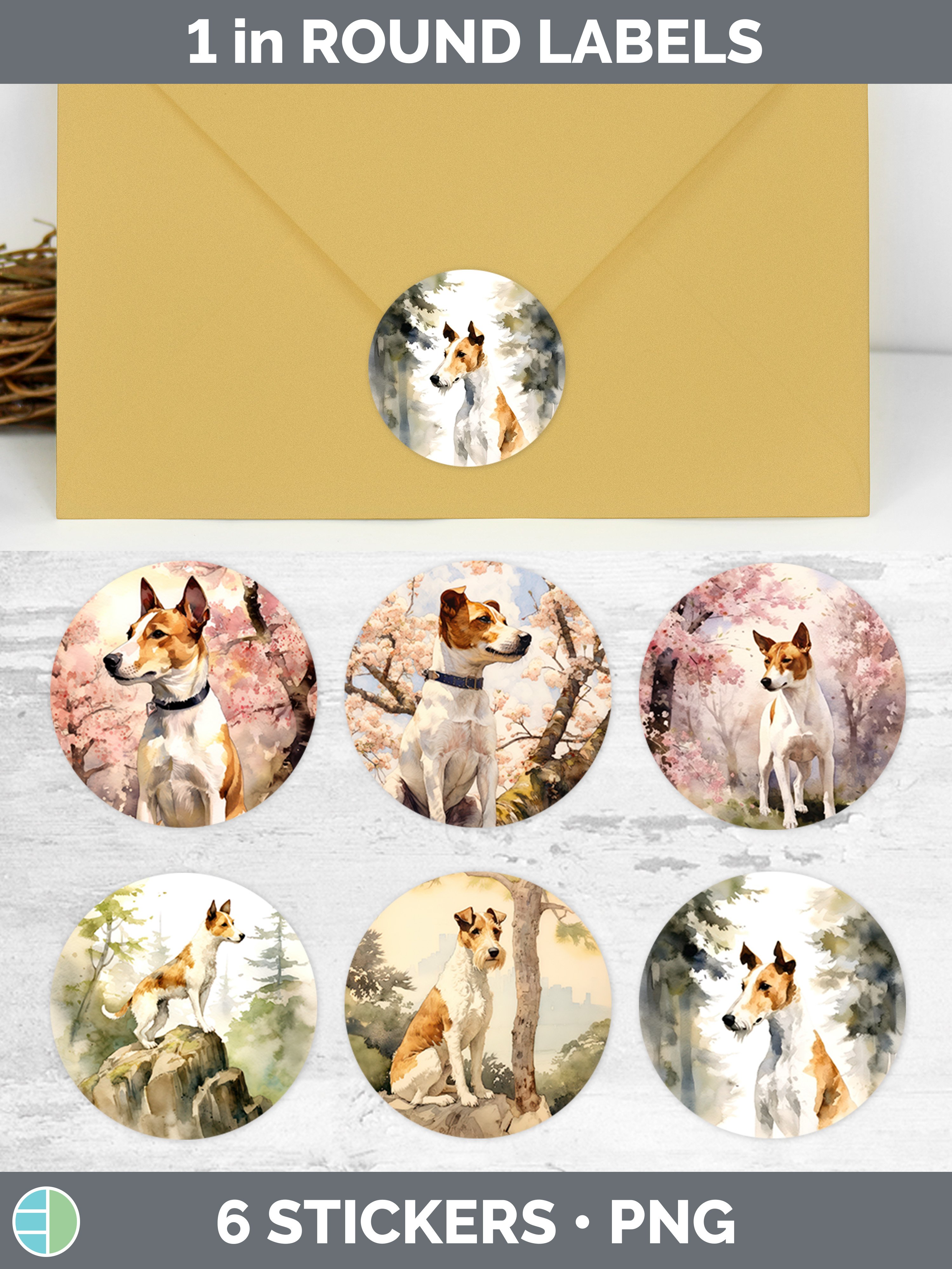 Japanese Watercolor Fox Terrier Dog Stickers | Round Labels