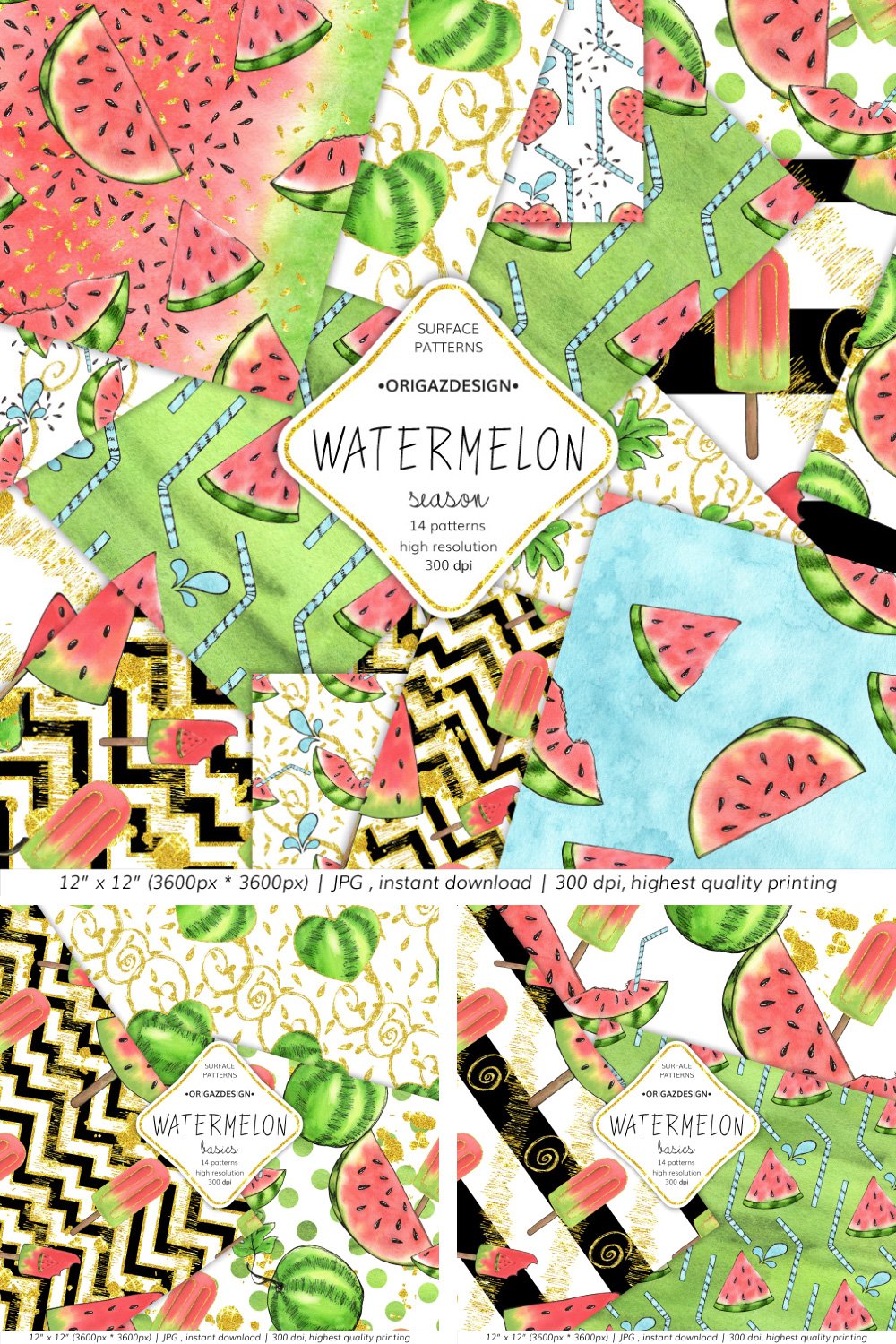 Summer Watermelon Watercolor Seamless digital paper pack