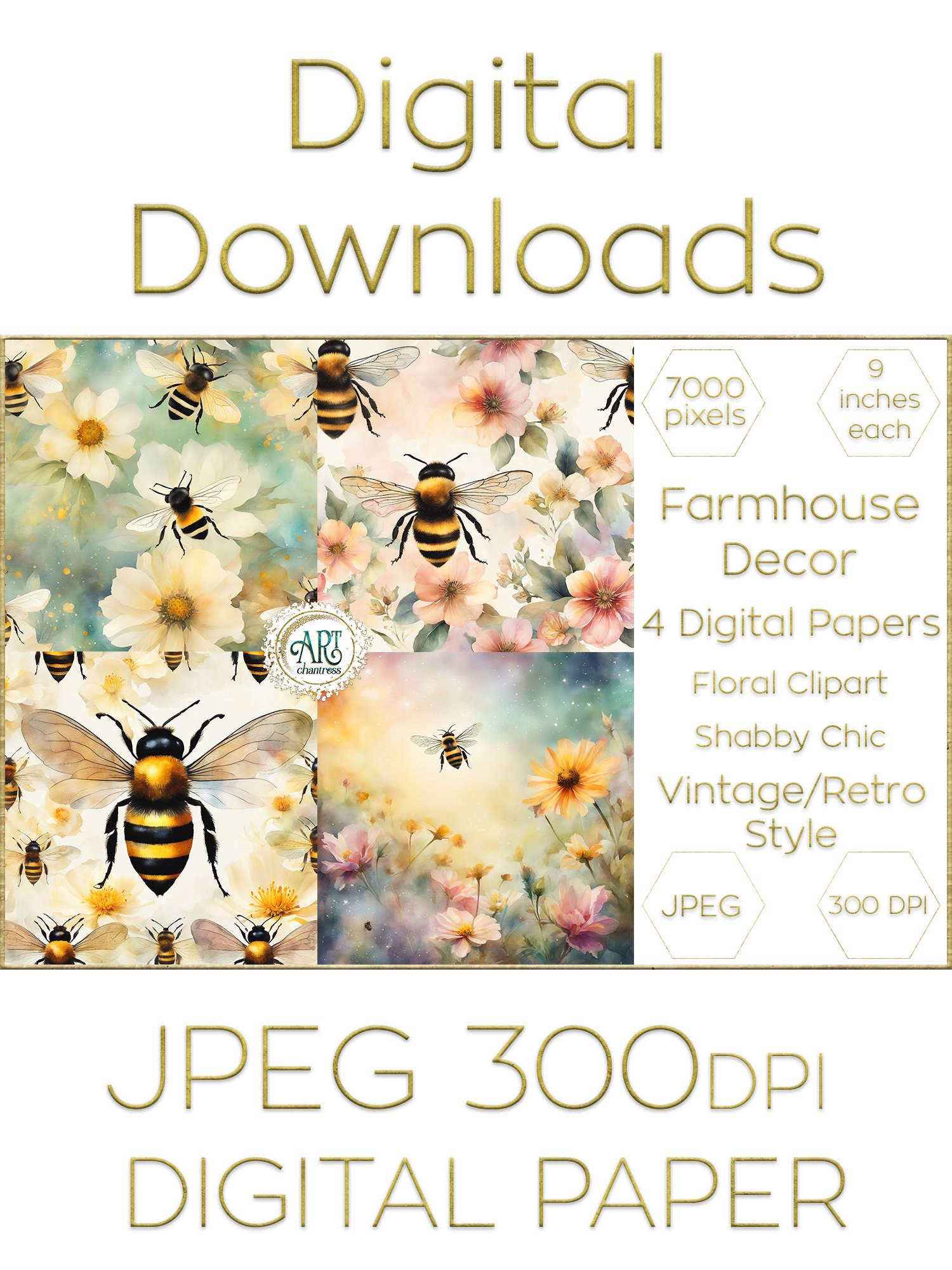 Spring Flowers Watercolor Bees Floral Romantic Digital Paper