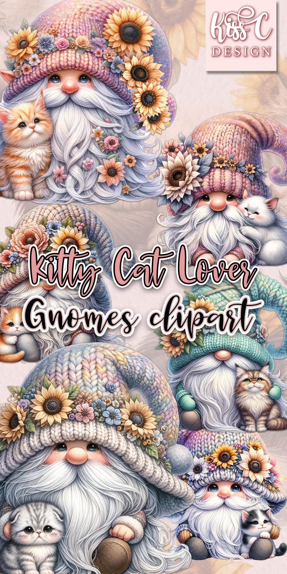 Watercolor Kitty Cat Lover Gnome Sublimation Clipart