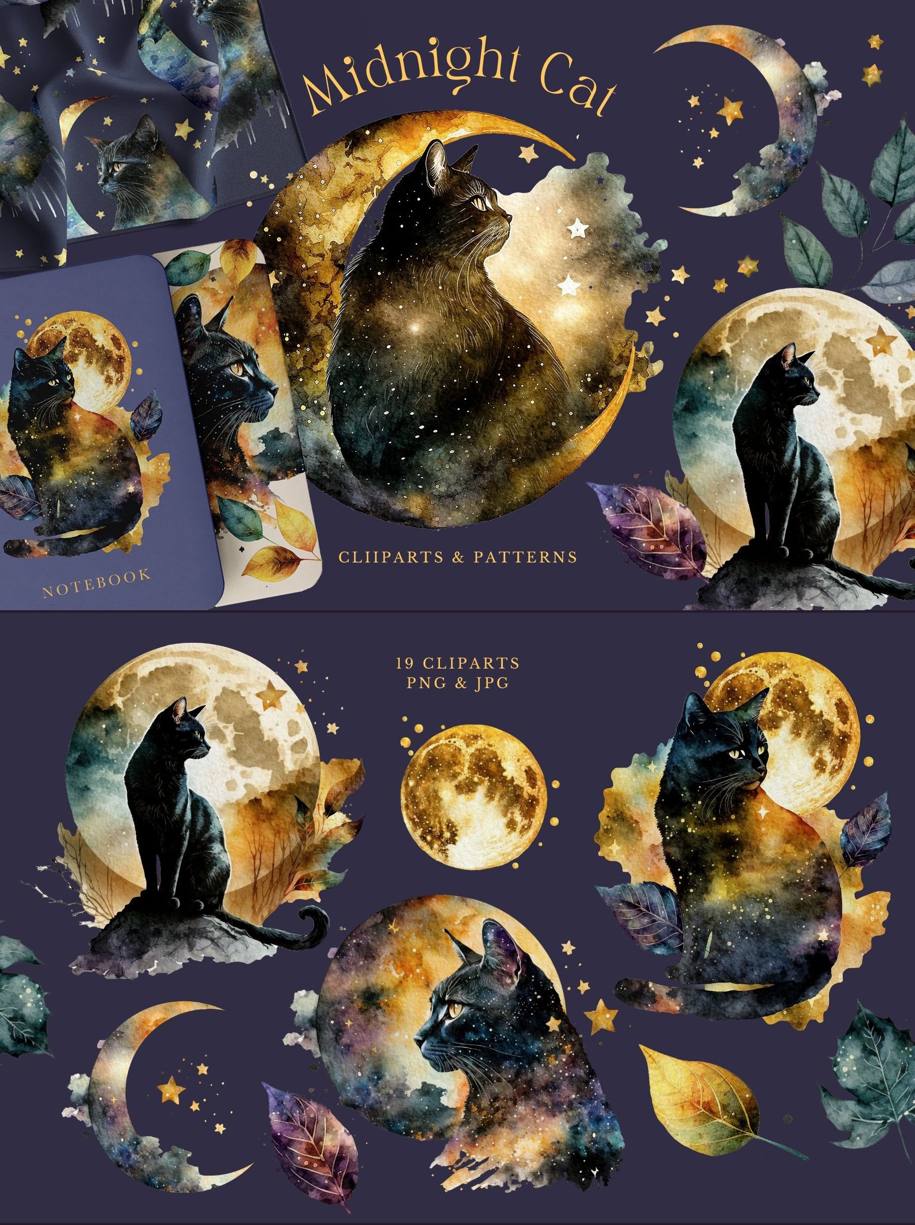 Cat Watercolor Moon Starry Mystic Magic illustration