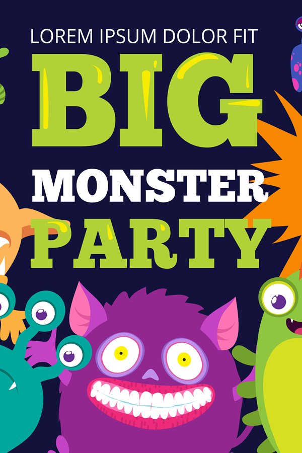 Halloween monster party banner template with cute cartoon ch