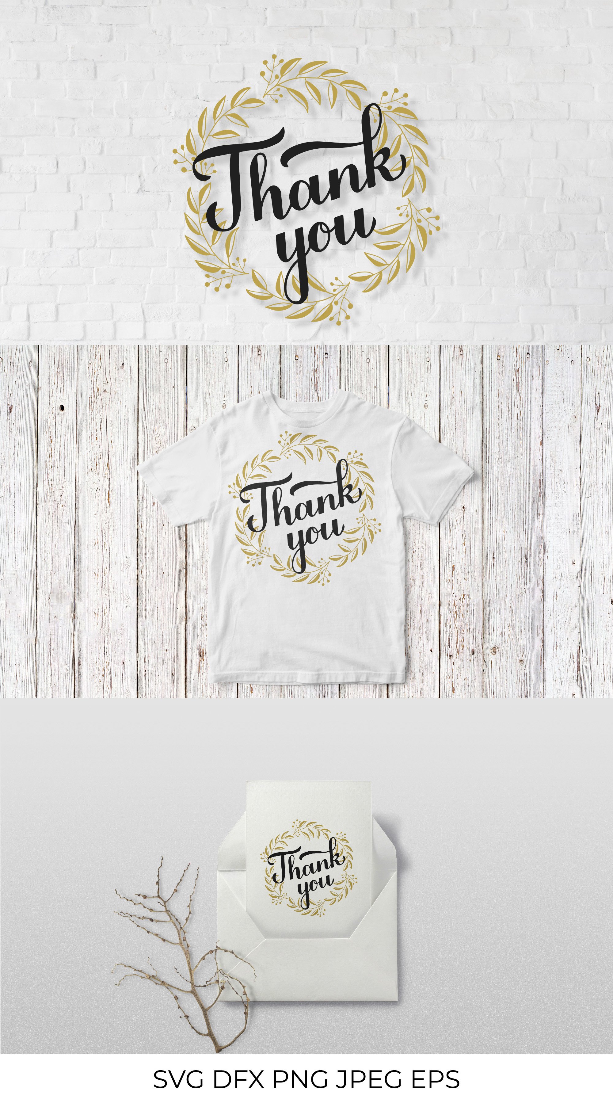 Thank you SVG. Calligraphy lettering. Gold floral wreath