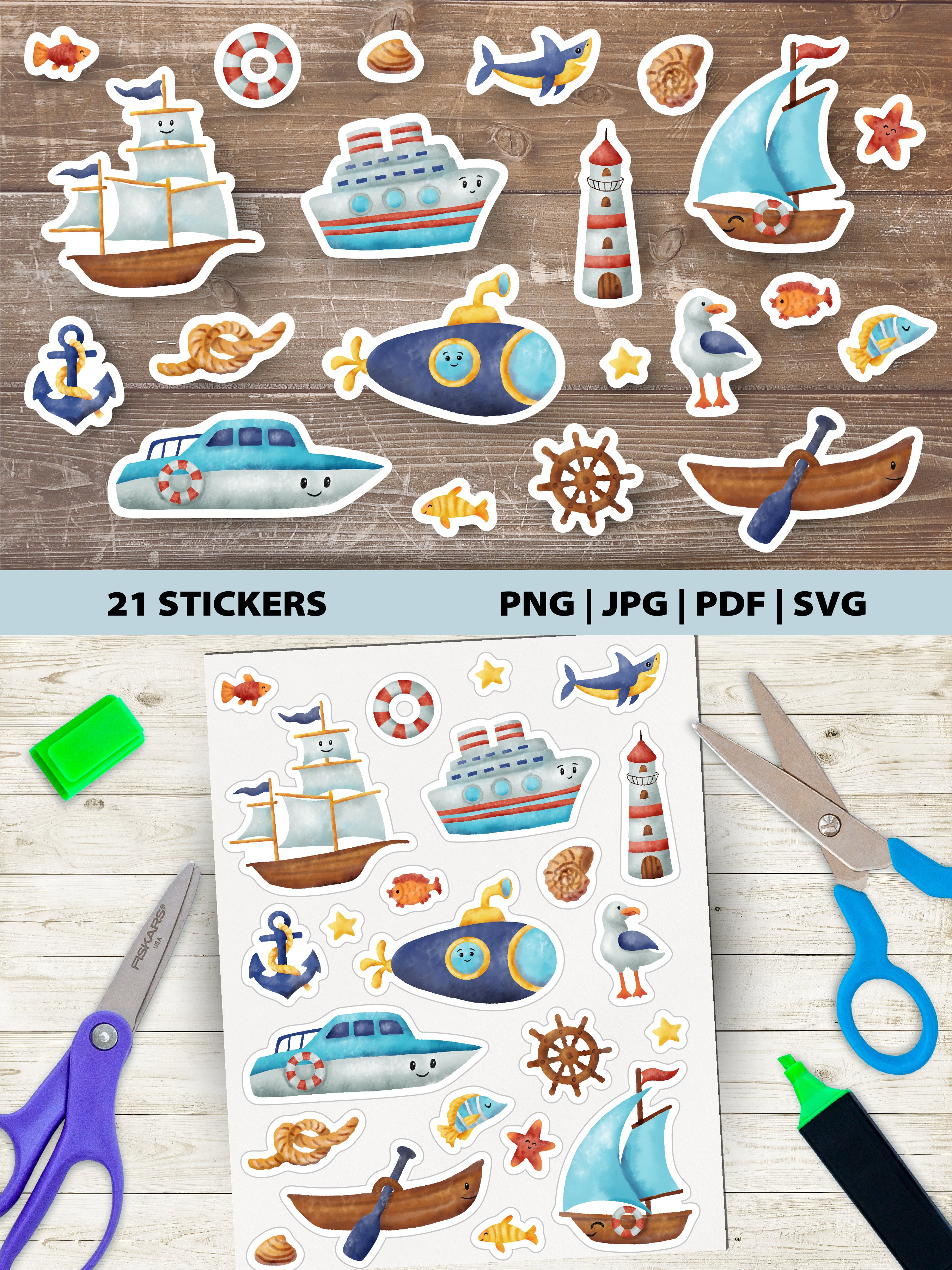 Water transport printable cute stickers - 21 items.