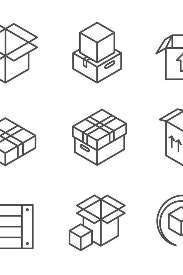 Box line icons. Cardboard boxes, mailing package with arrows