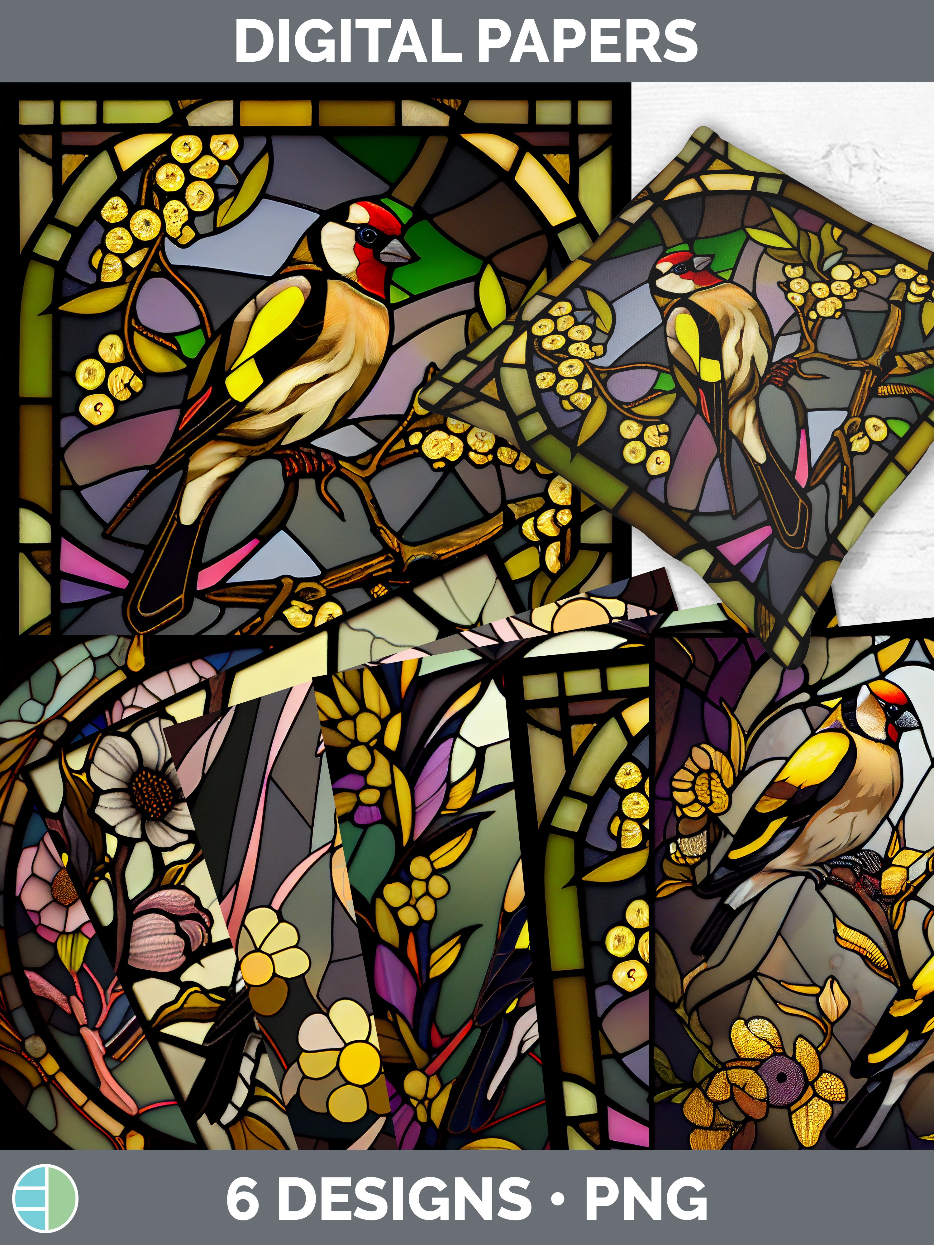 Stained Glass Goldfinch Bird Paper Backgrounds | Digital Scr