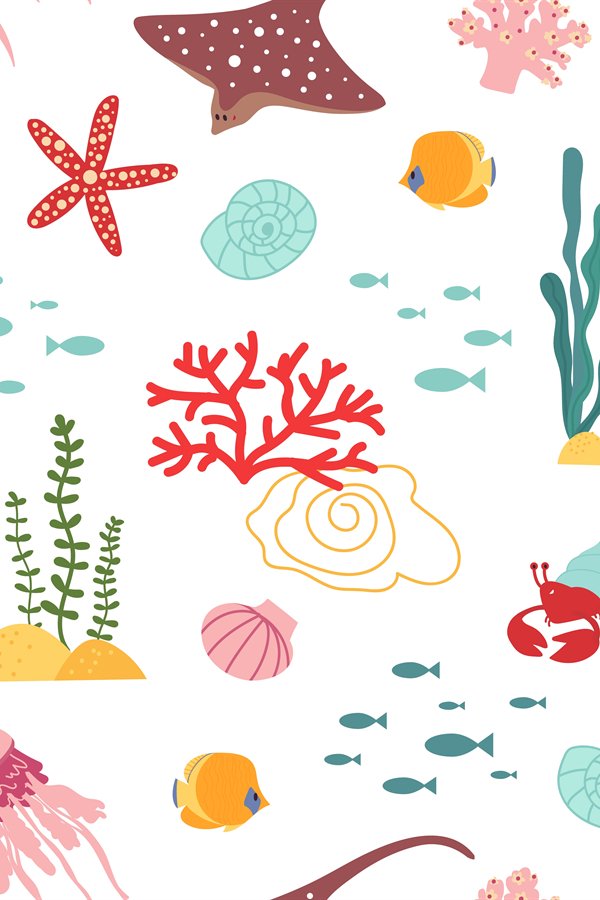 Baby sea pattern. Marine life, seaweed cute animals and plan