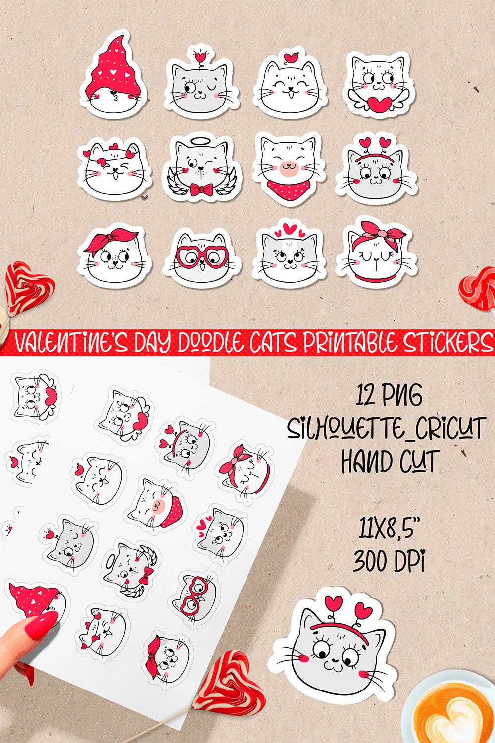 Valentine's day doodle cats printable stickers. PNG, JPG.