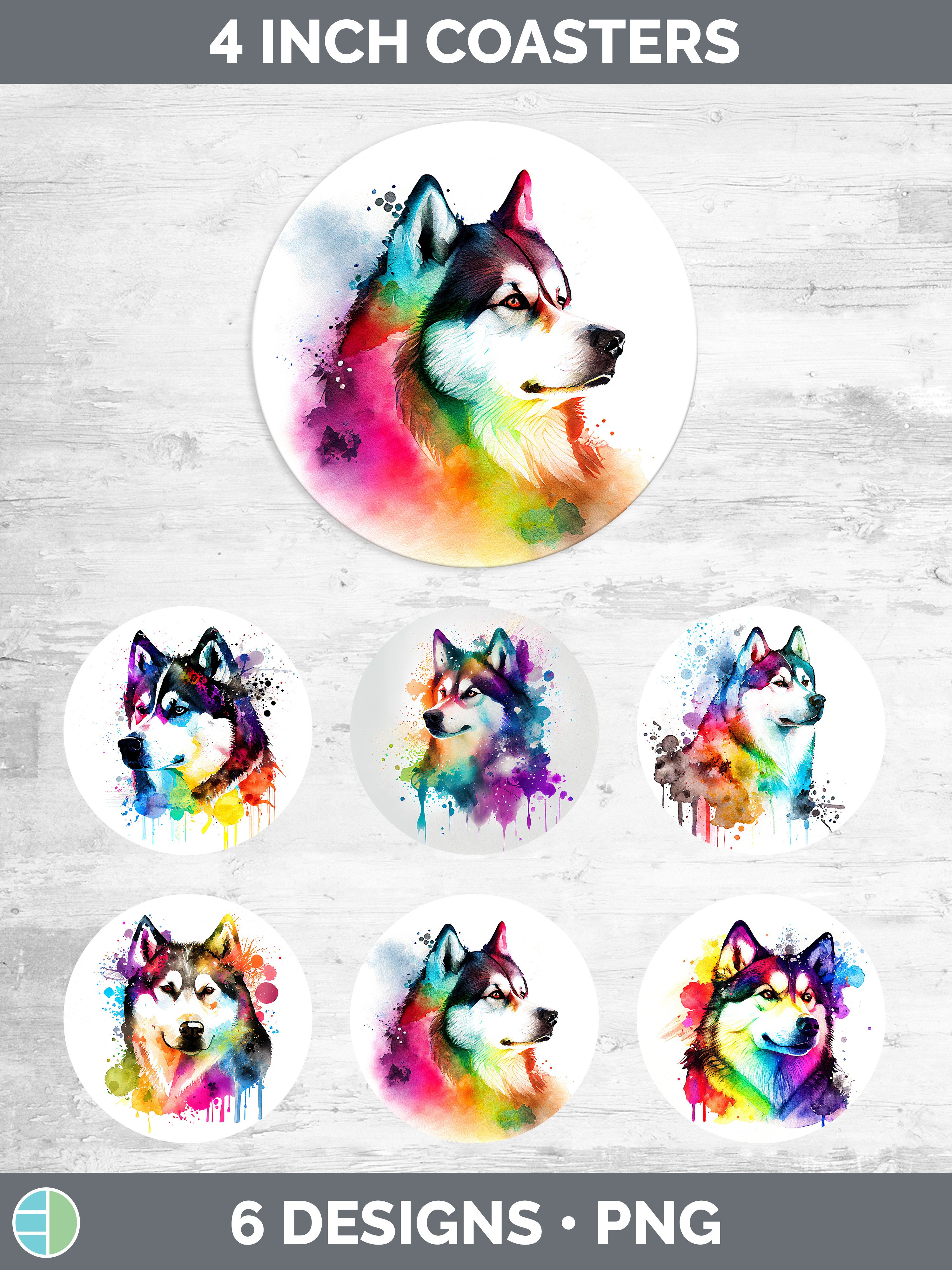 Rainbow Husky Dog Round Coaster | Sublimation Coaster Design