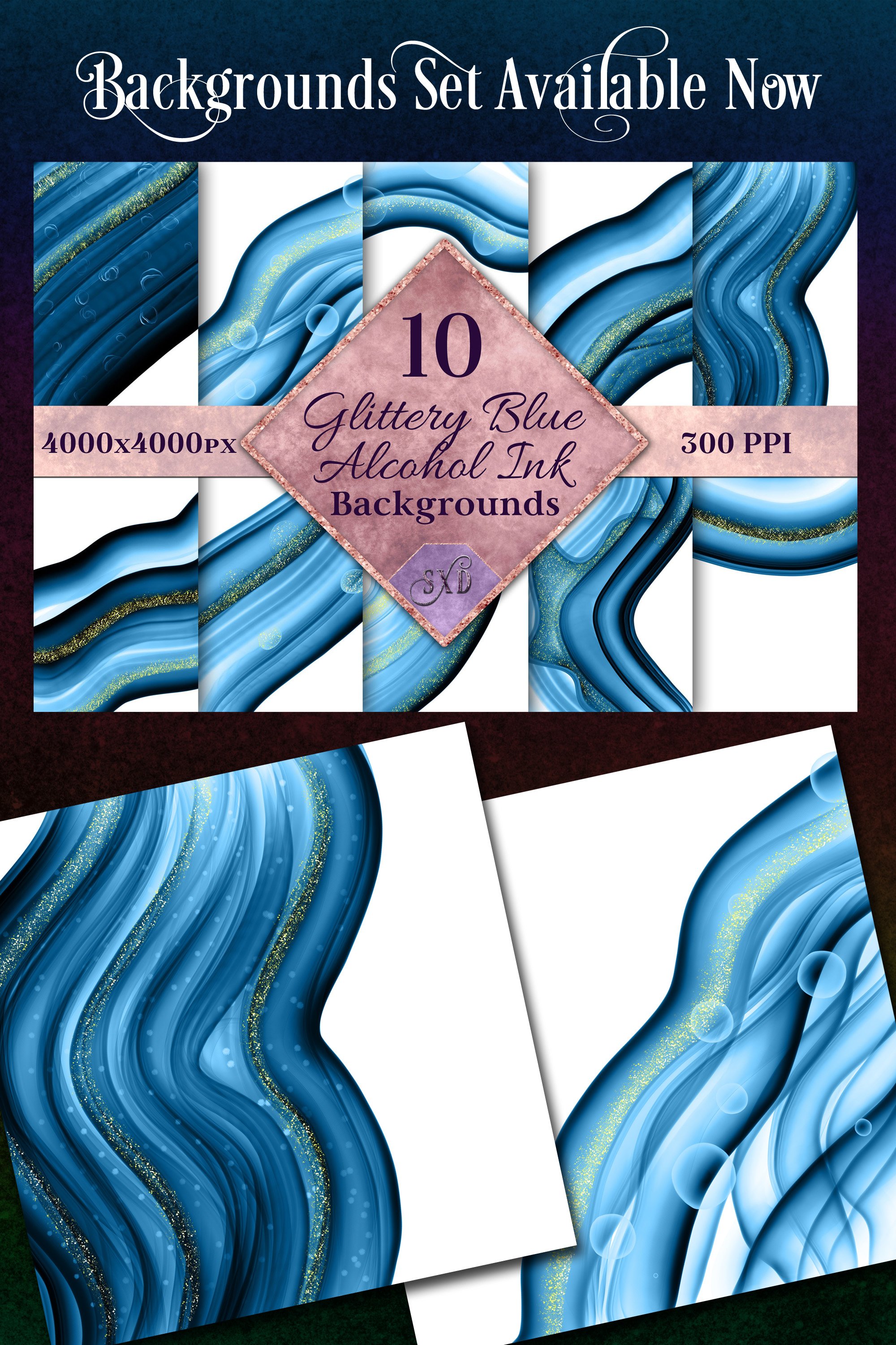 Glittery Blue Alcohol Ink Backgrounds - 10 Images
