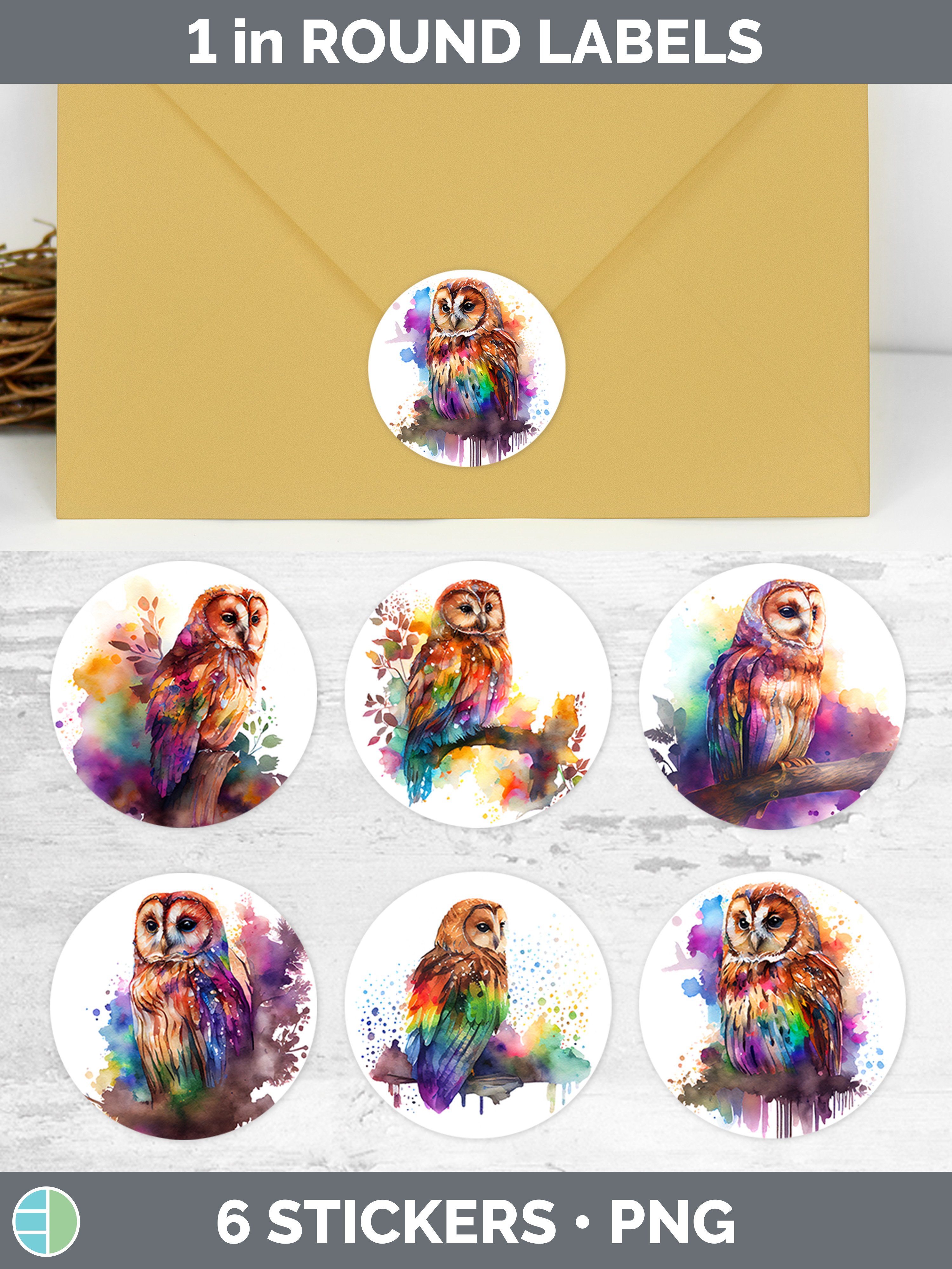 Rainbow Tawny Owl Stickers | Round Labels Designs Bundle