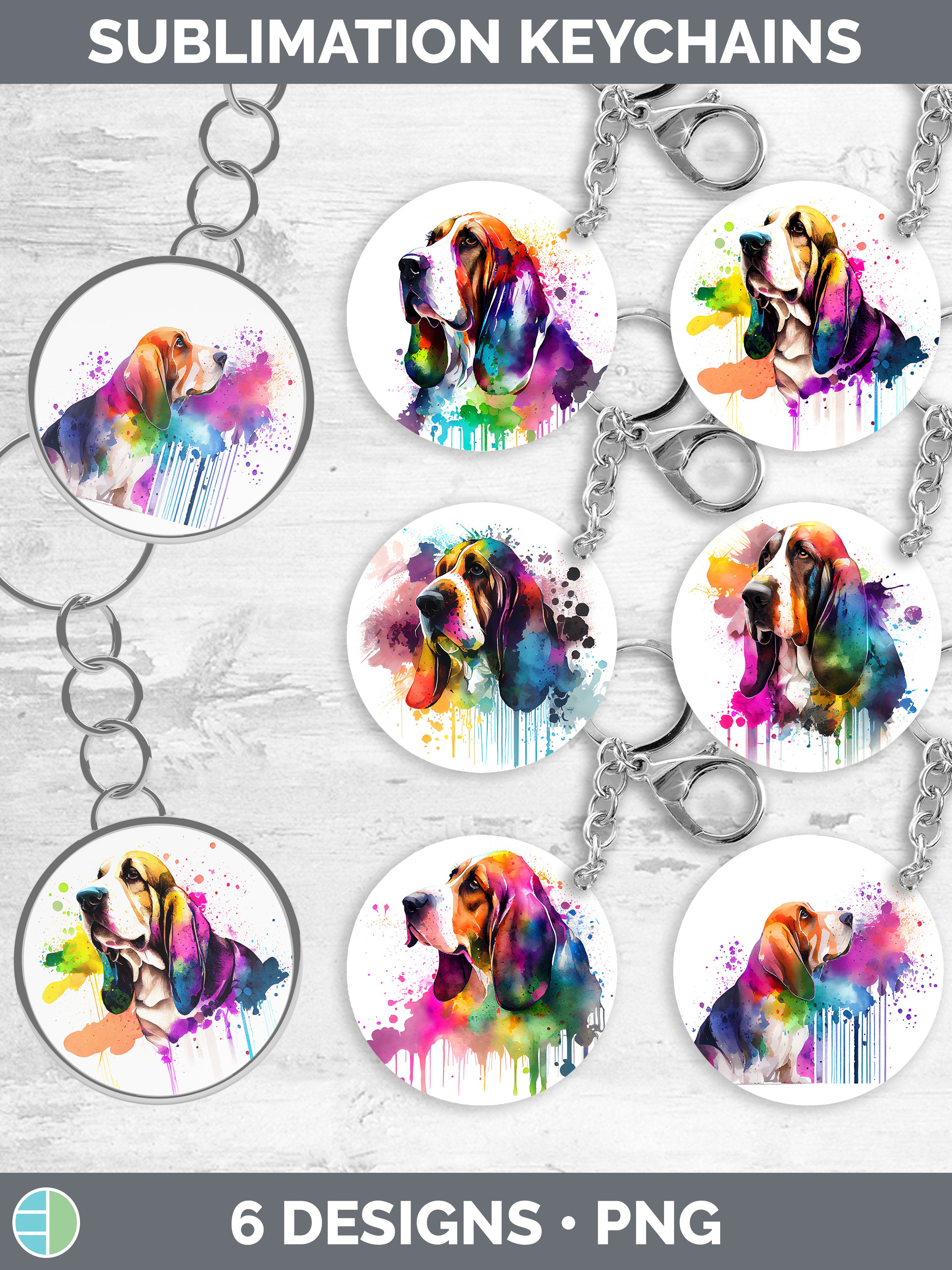 Rainbow Basset Hound Dog Keychain | Sublimation Keyring Desi