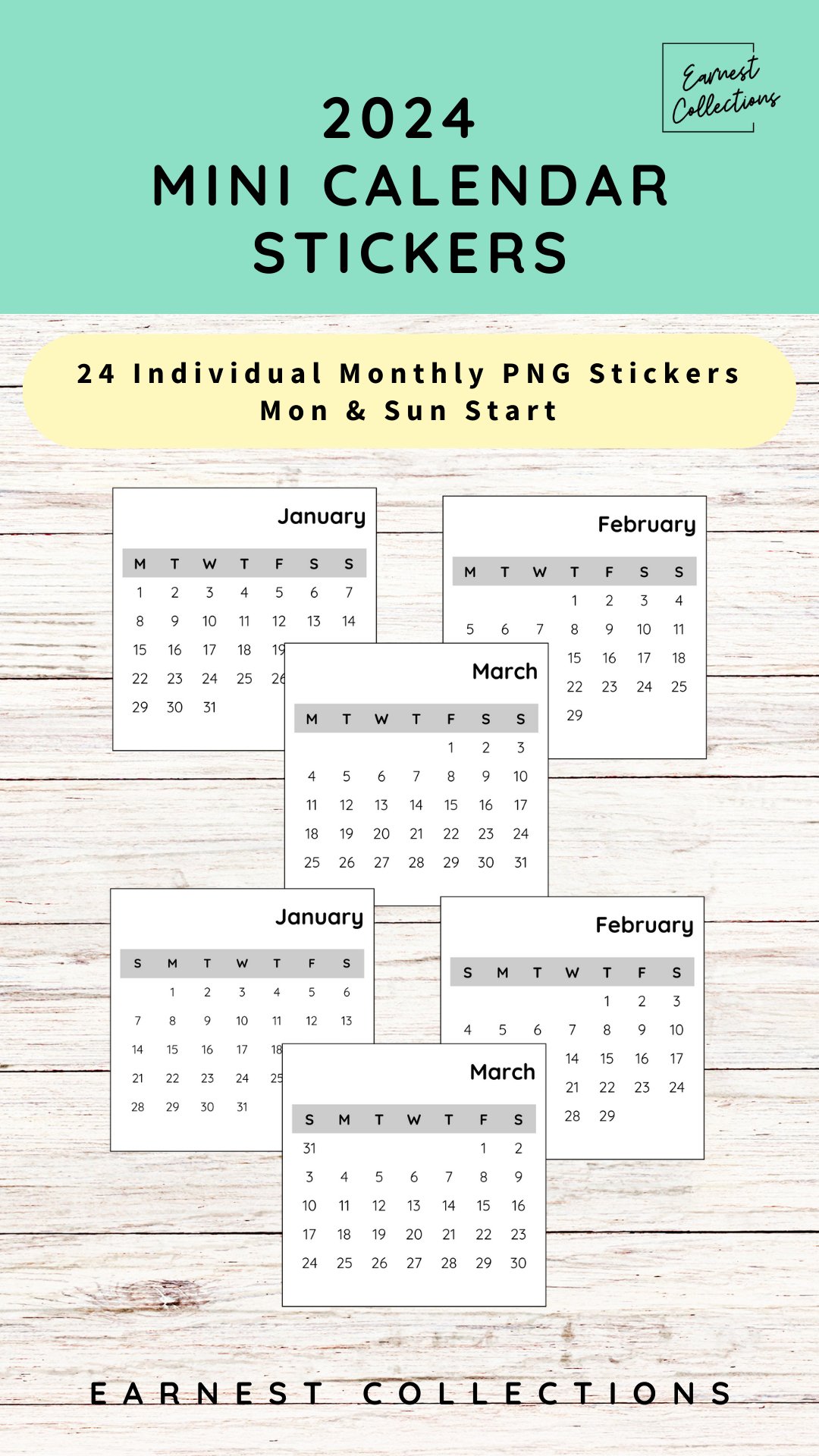 2024 mini calendar stickers for bullet journal and planner