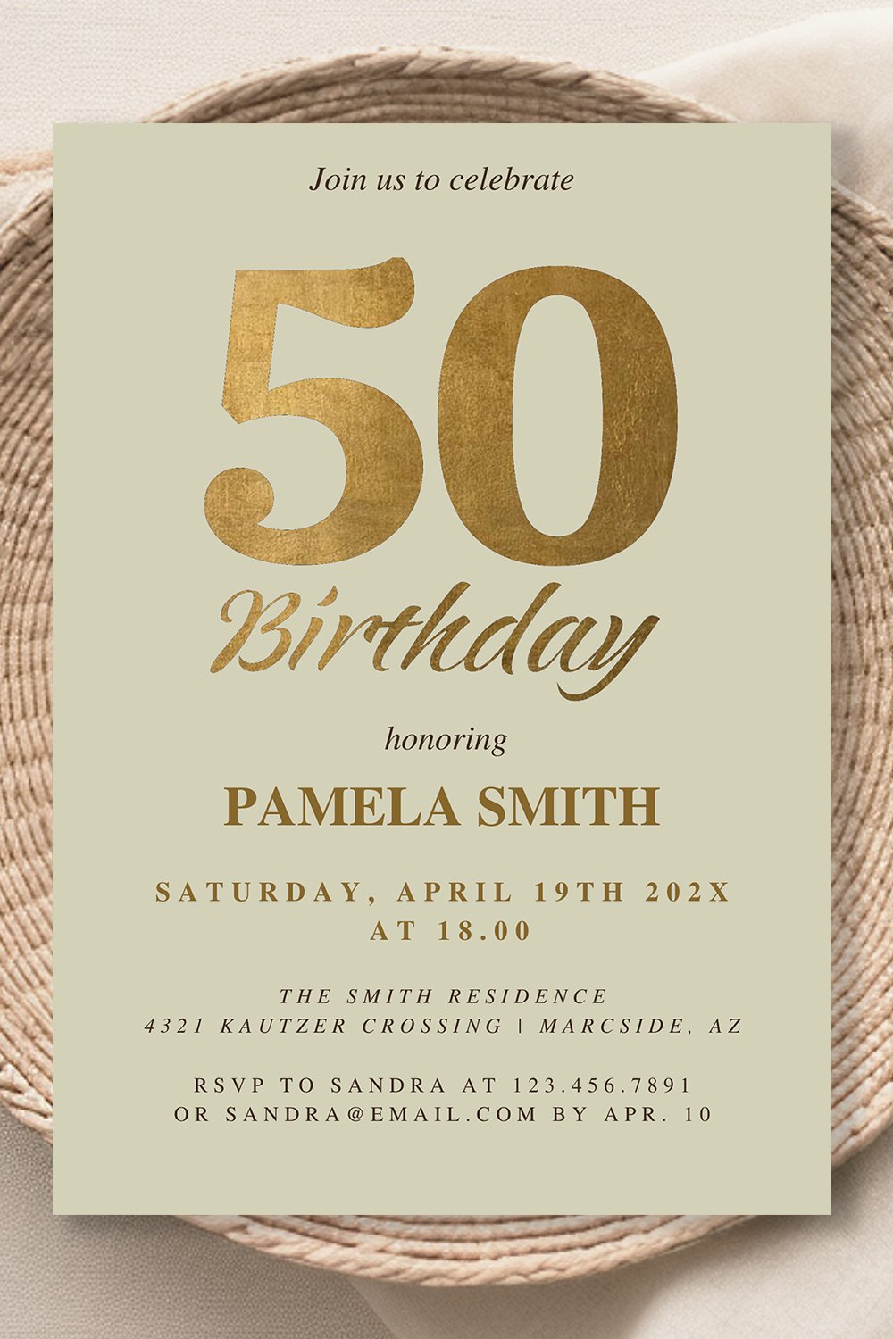 50th birthday invitation template, editable, golden foil