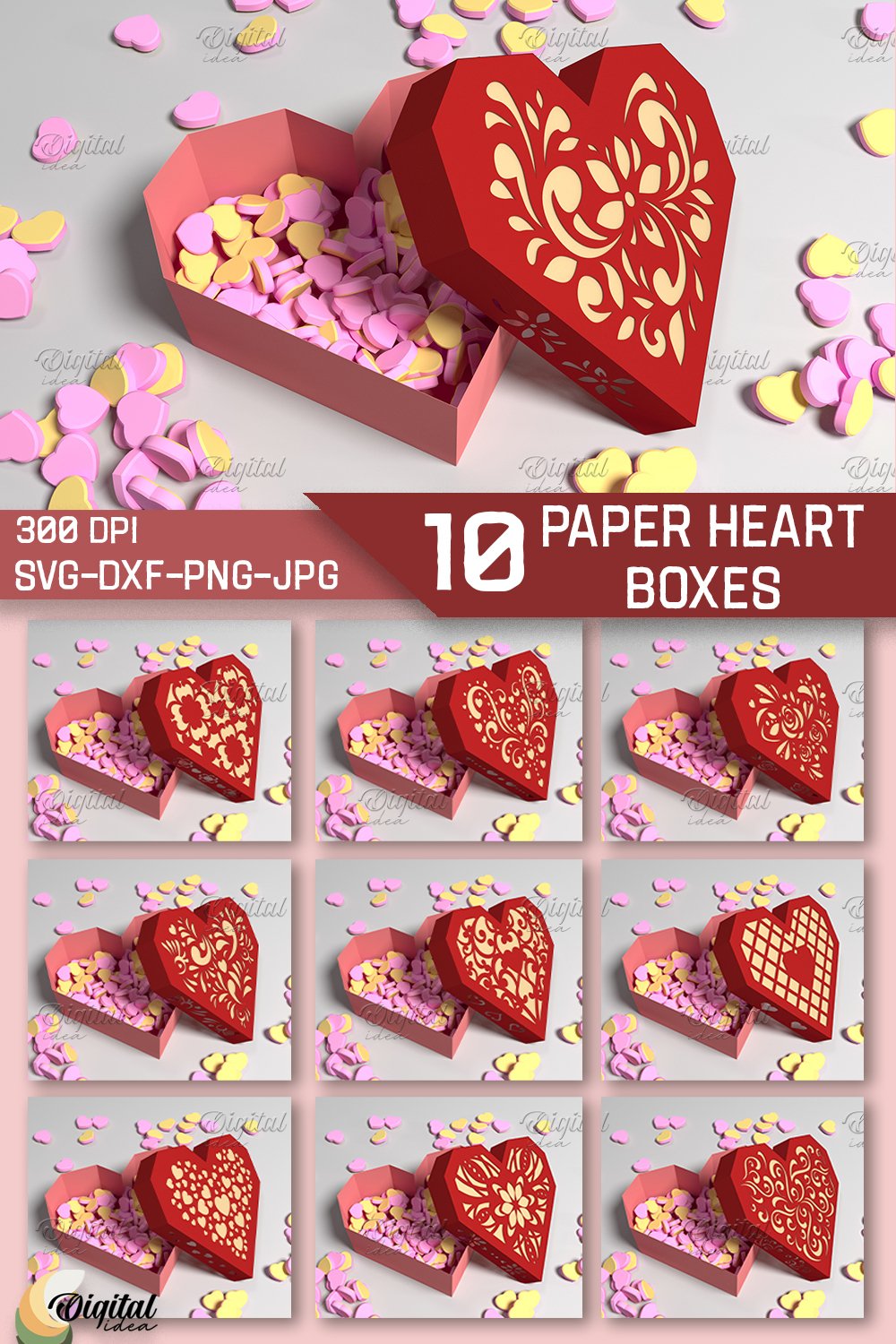 Paper Heart Box. Valentine Bundle. 3D Paper Box SVG