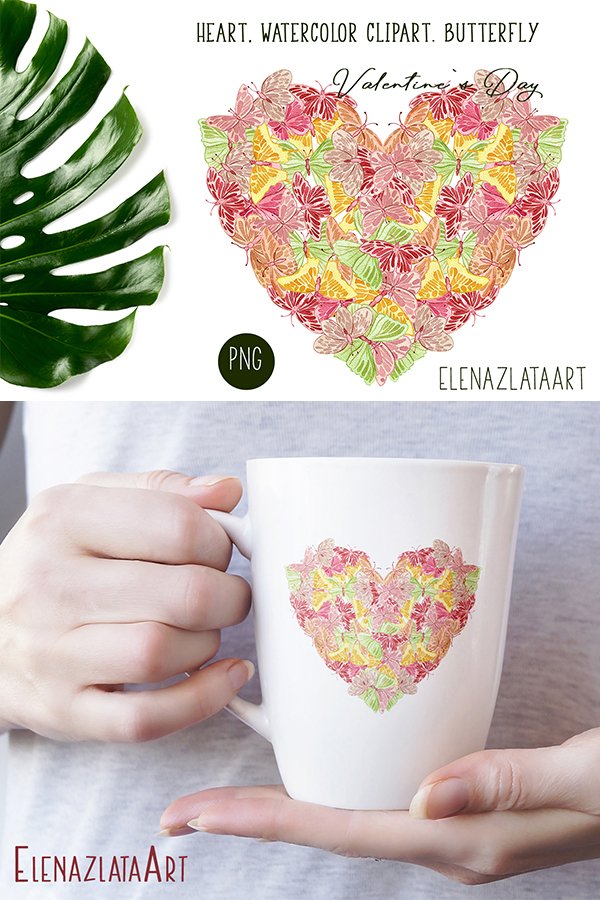 Heart, Butterfly watercolor clipart. Valentines (1779712)