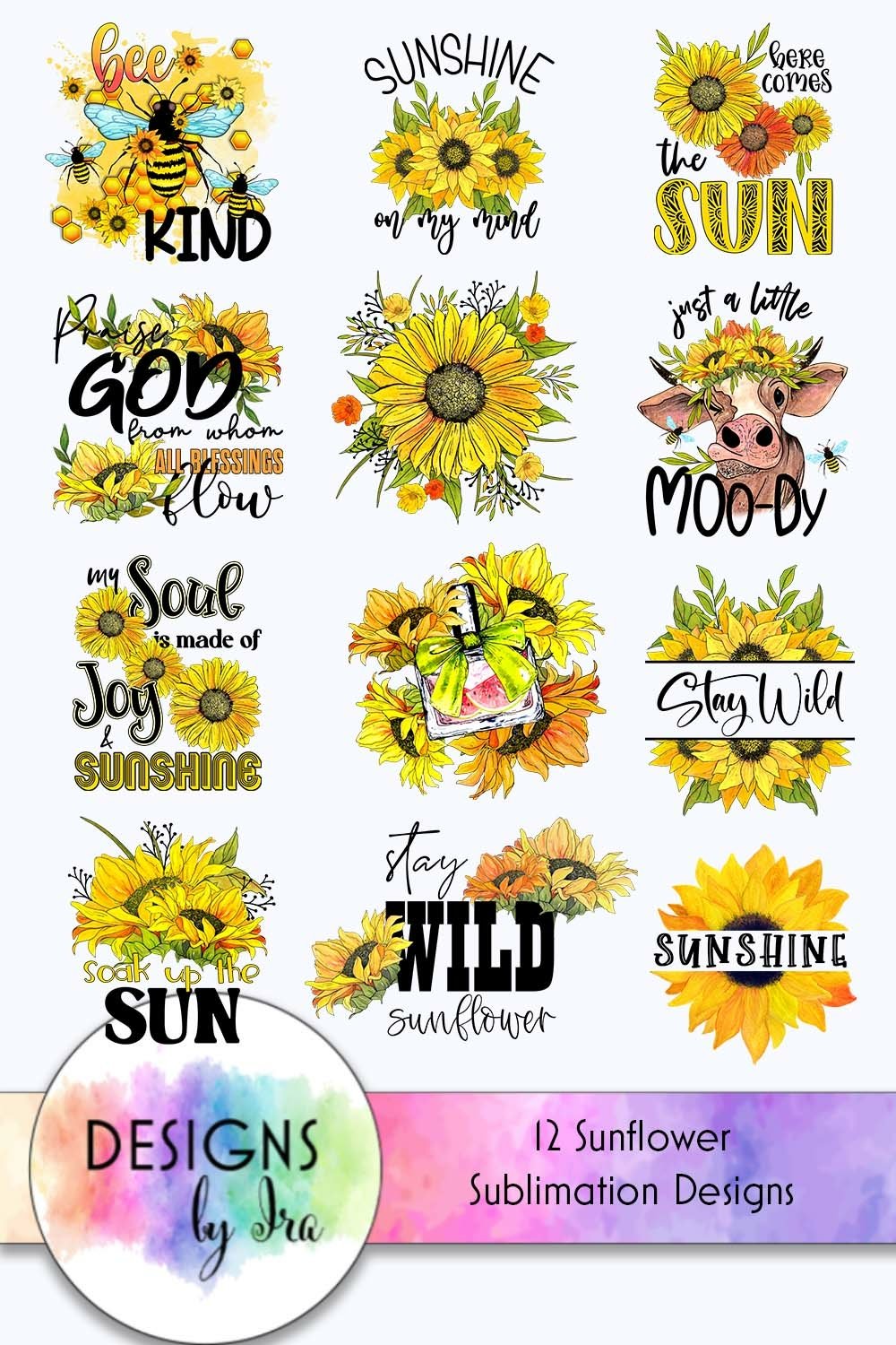 Sunflower Sublimation Bundle | 12 Watercolor Sunflower Print