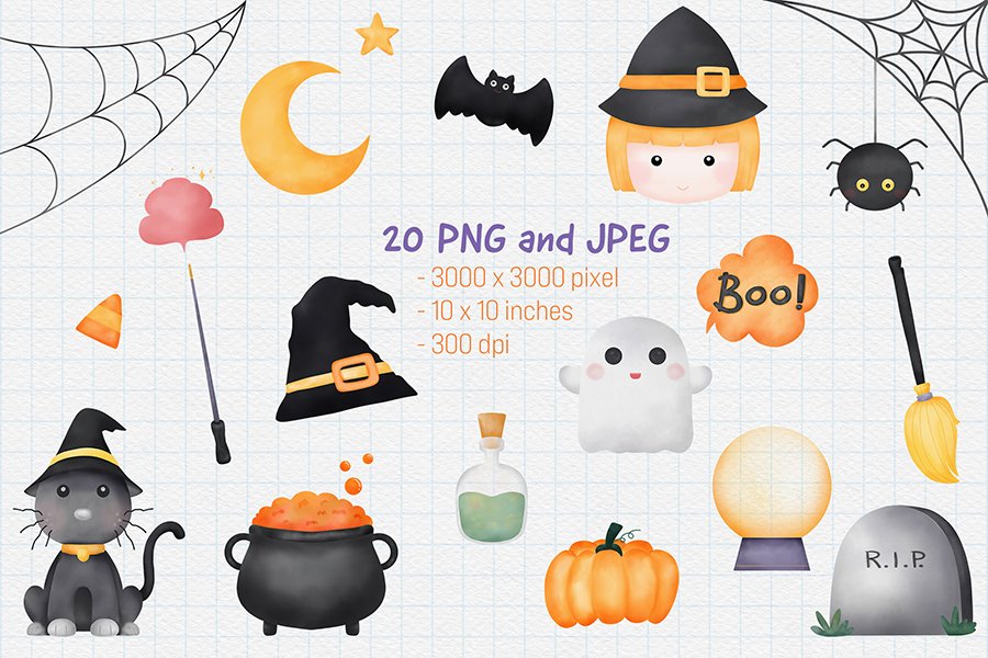 Cute Kid Halloween Handdrawn Watercolor Clipart