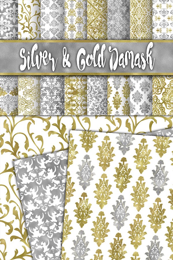 Silver and Gold Damask Digital Paper (37545)