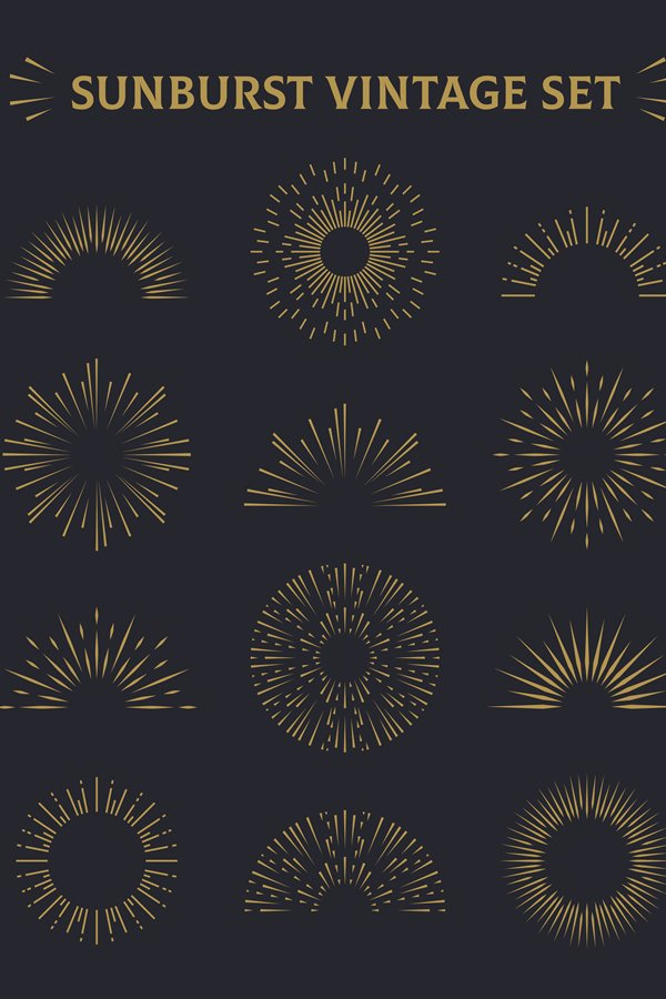 Sunburst set. Hand drawn sunrise firework sunset blast sunbe