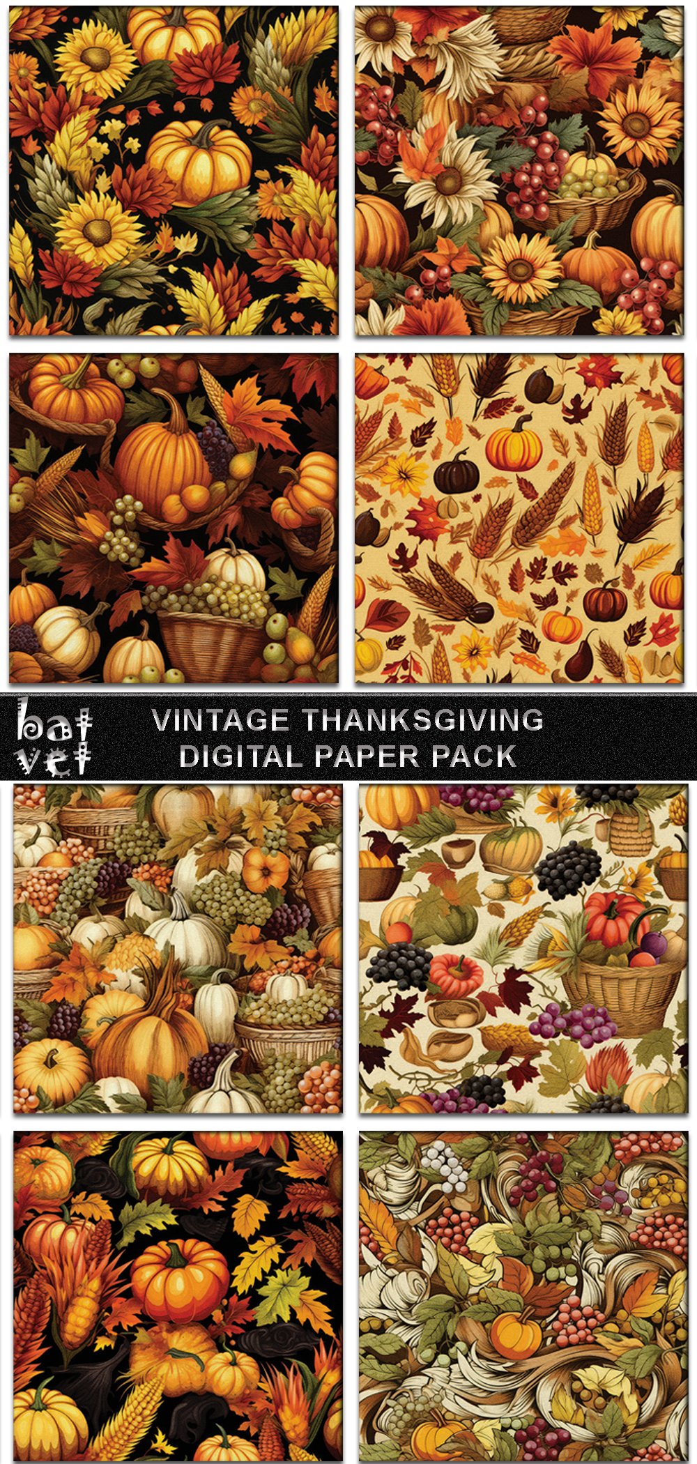Vintage Thanksgiving Digital Paper Pack | 12 PNG Files