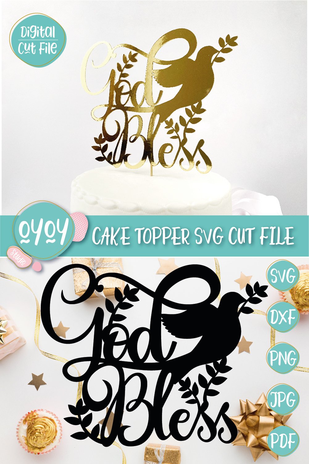 Baptism SVG | God Bless Cake topper svg with Dove