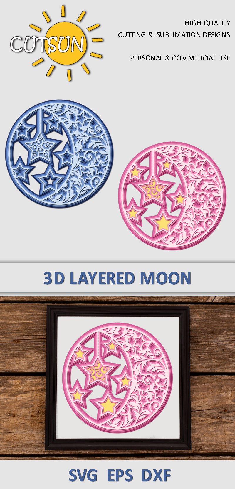 3D Layered Moon with stars SVG | 3D layered Celestial svg