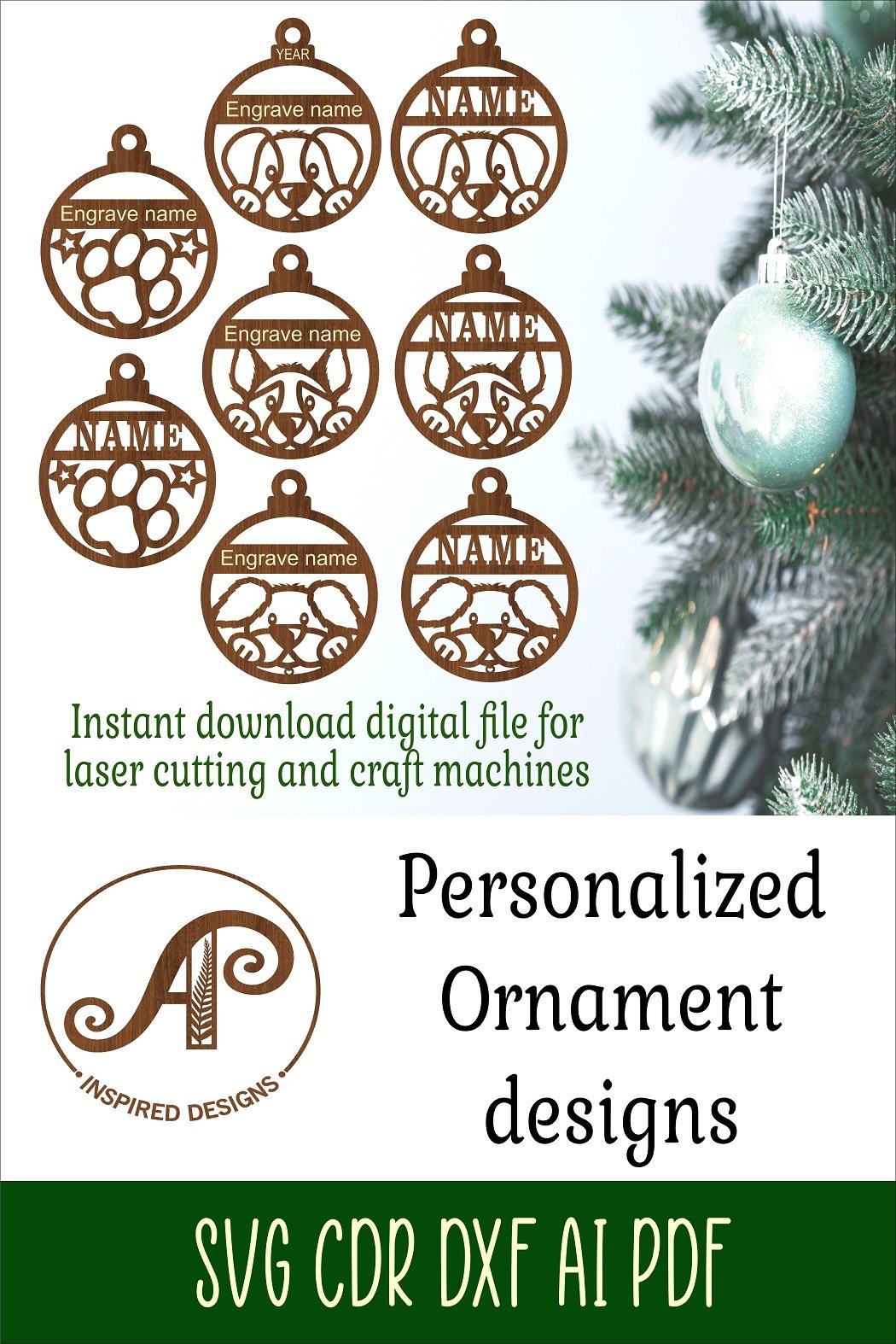 Dog Christmas Ornaments, 4 cute designs SVG laser cut