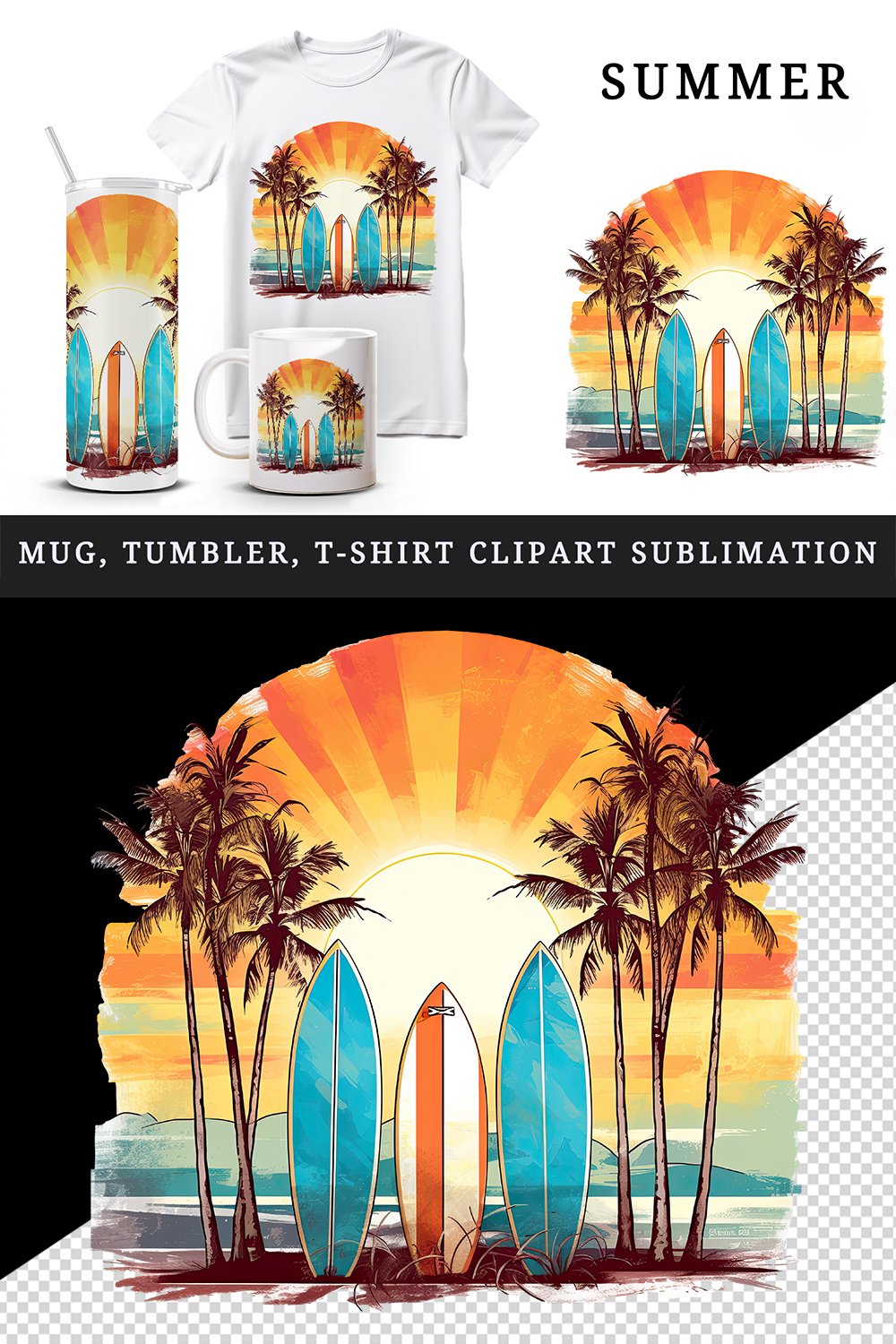 Summer beach surfboards tumbler mug wrap clipart sublimation