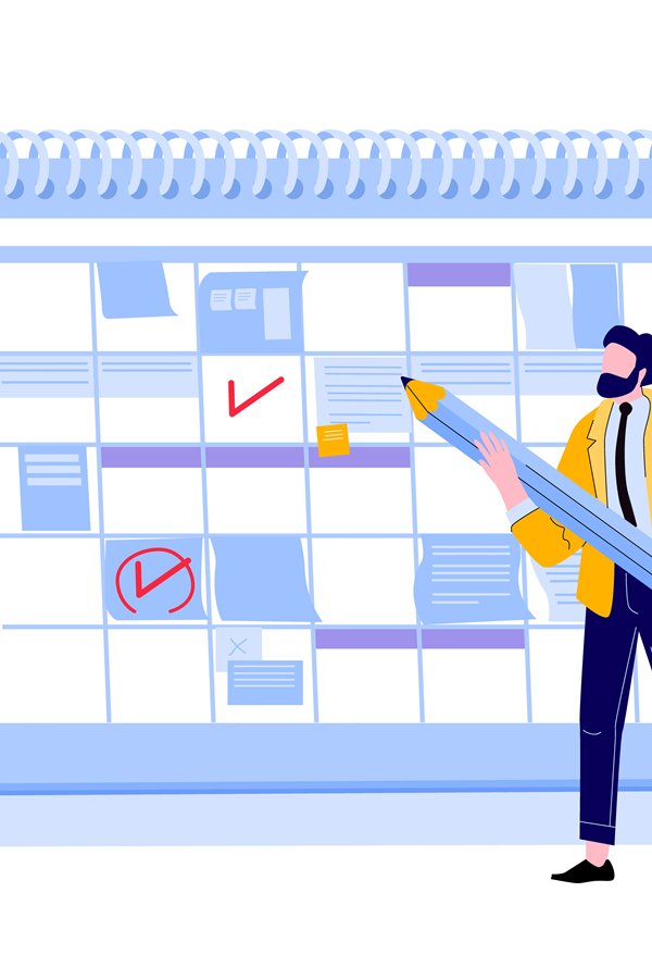 Businessman check calendar. Man with pencil planning work