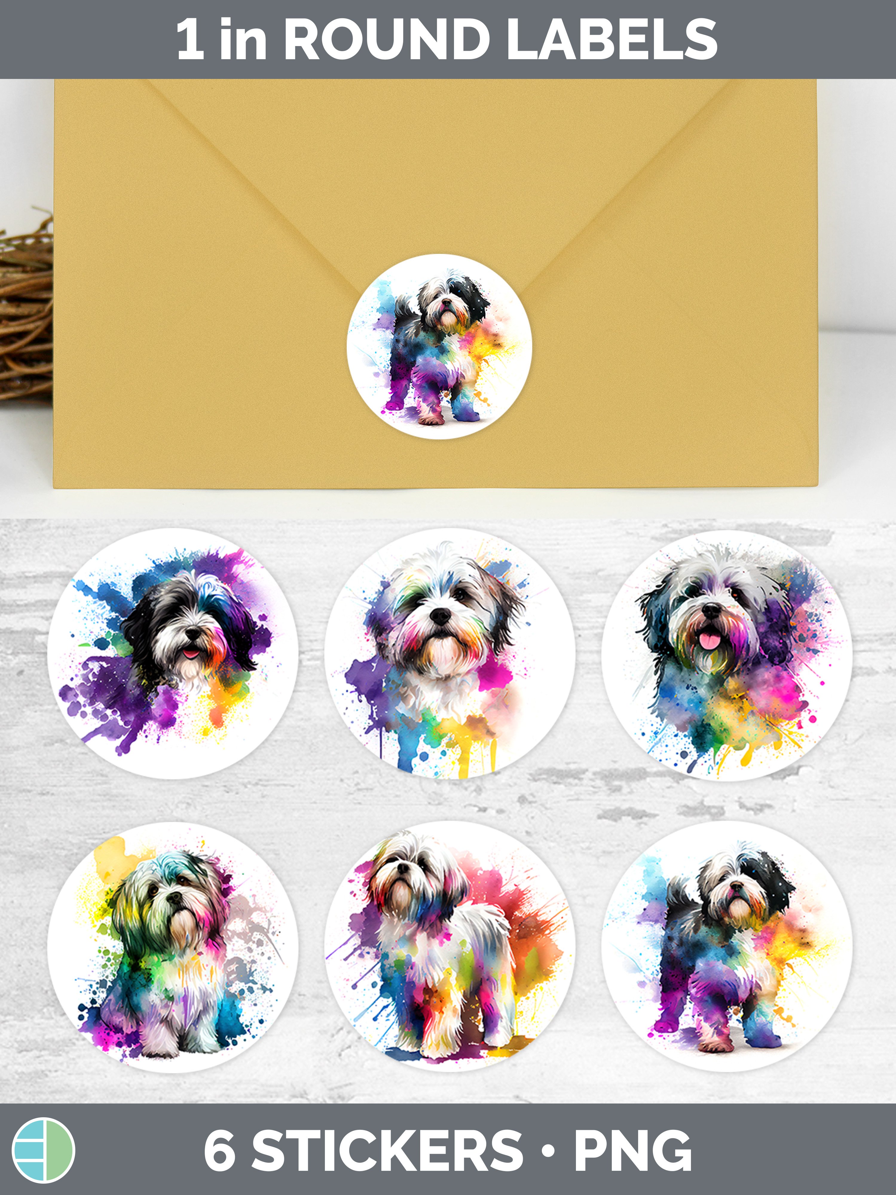 Rainbow Havanese Dog Stickers | Round Labels Designs Bundle