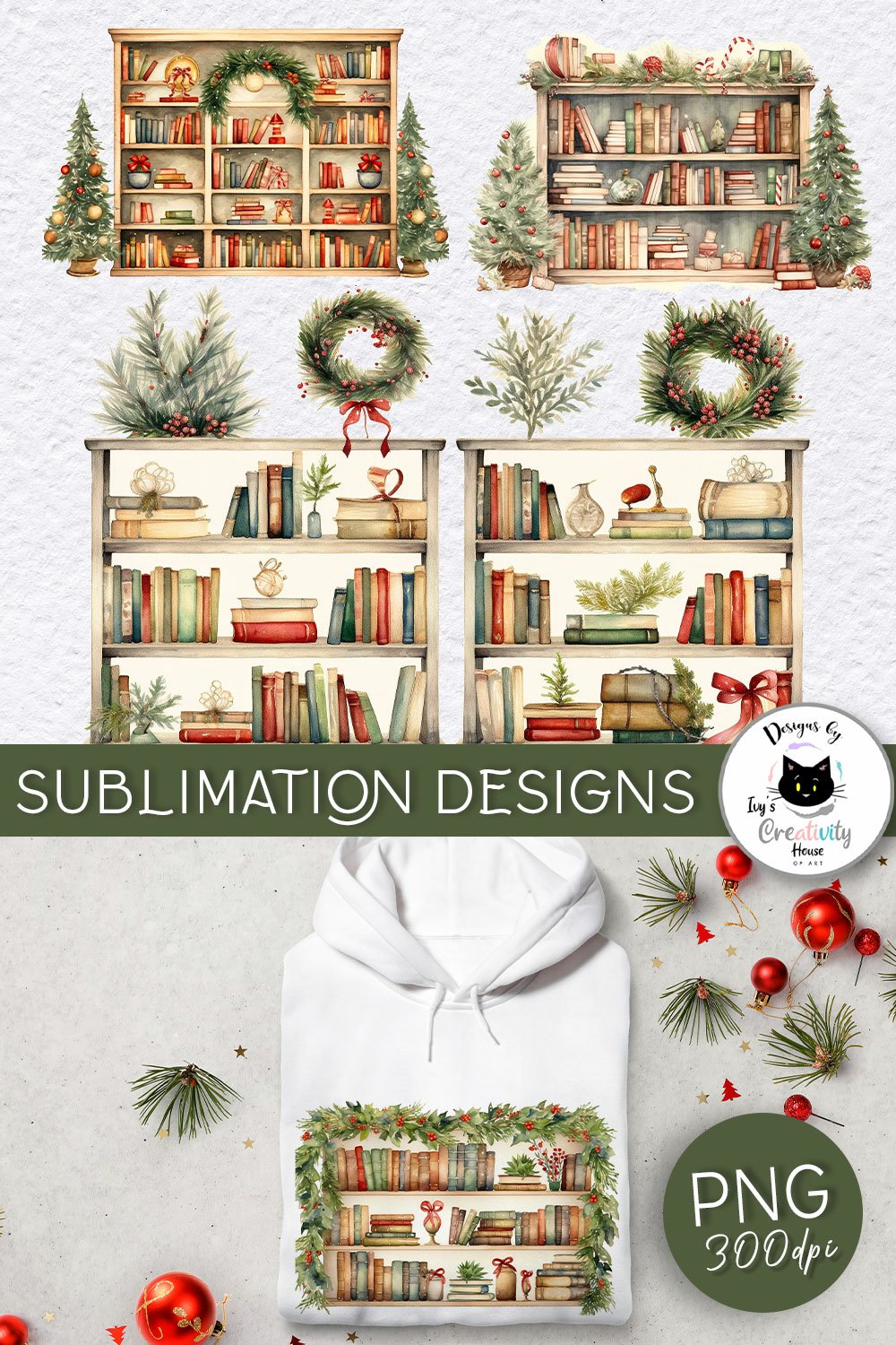 Watercolor Bookshelf Christmas Clipart | Book Lover Clipart