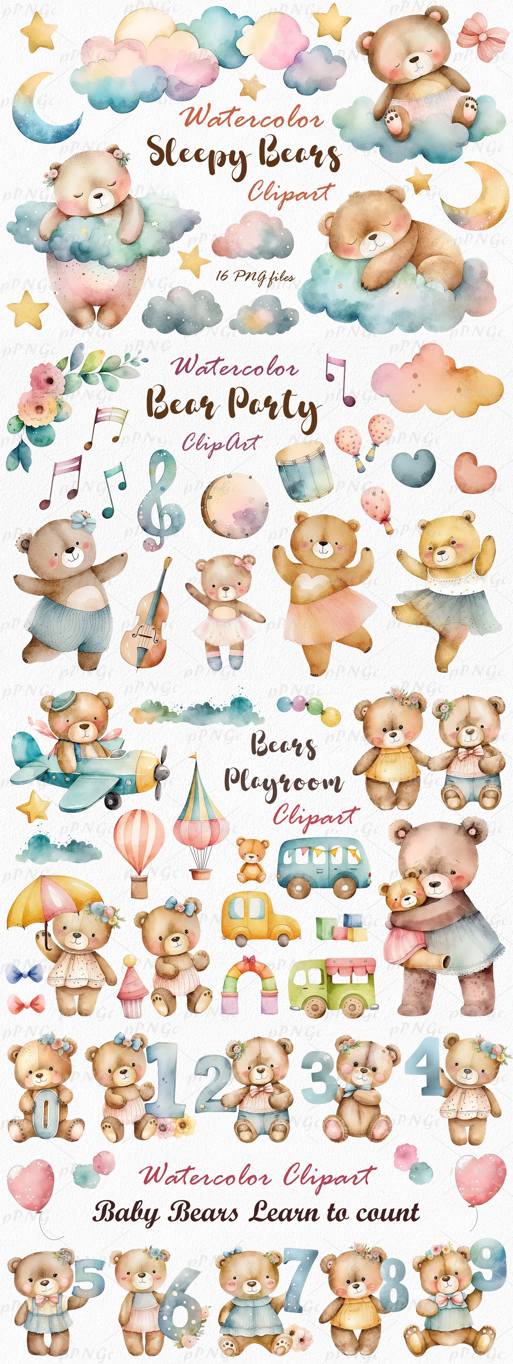 Watercolor Teddy Bears Clipart Bundle, 68 PNG files