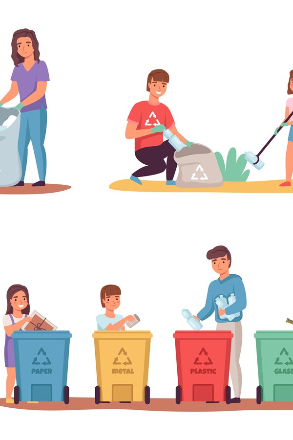 People sort garbage. Kids with parents clean up trash. Chara