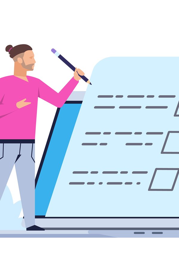 Man fill out online form. Cartoon person with laptop puts a