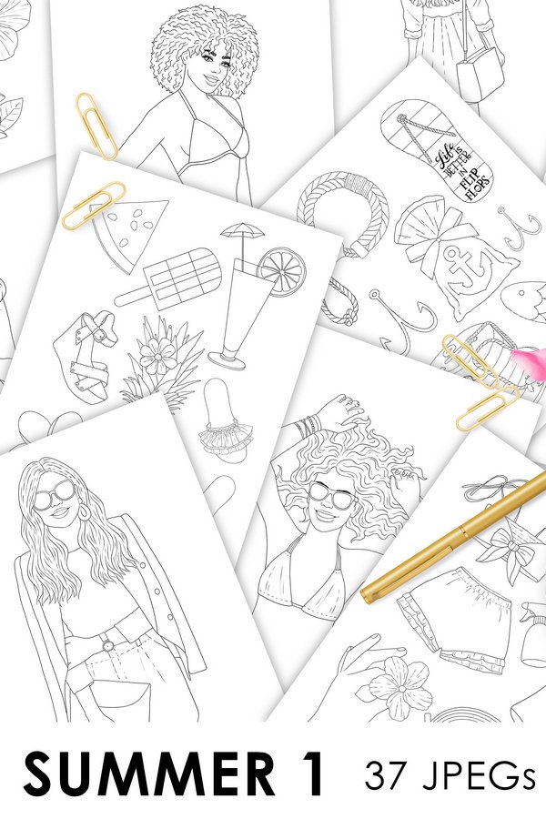 Coloring Book SUMMER 1, Fashion Illustration 37 JPEG 37 PNG