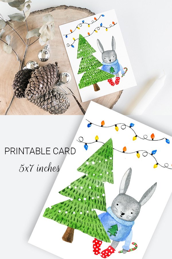 Bunny and christmas tree printable card.