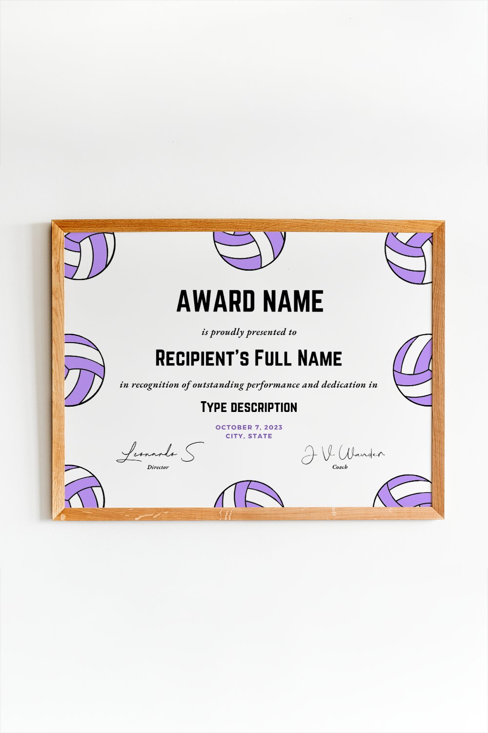 Editable Purple Volleyball Award Certificate template, print