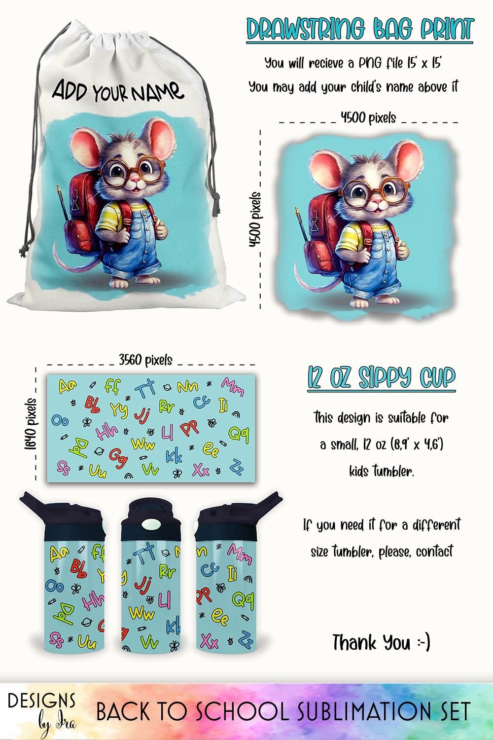Back to School Sublimation Set | Personalised School Bag PNG