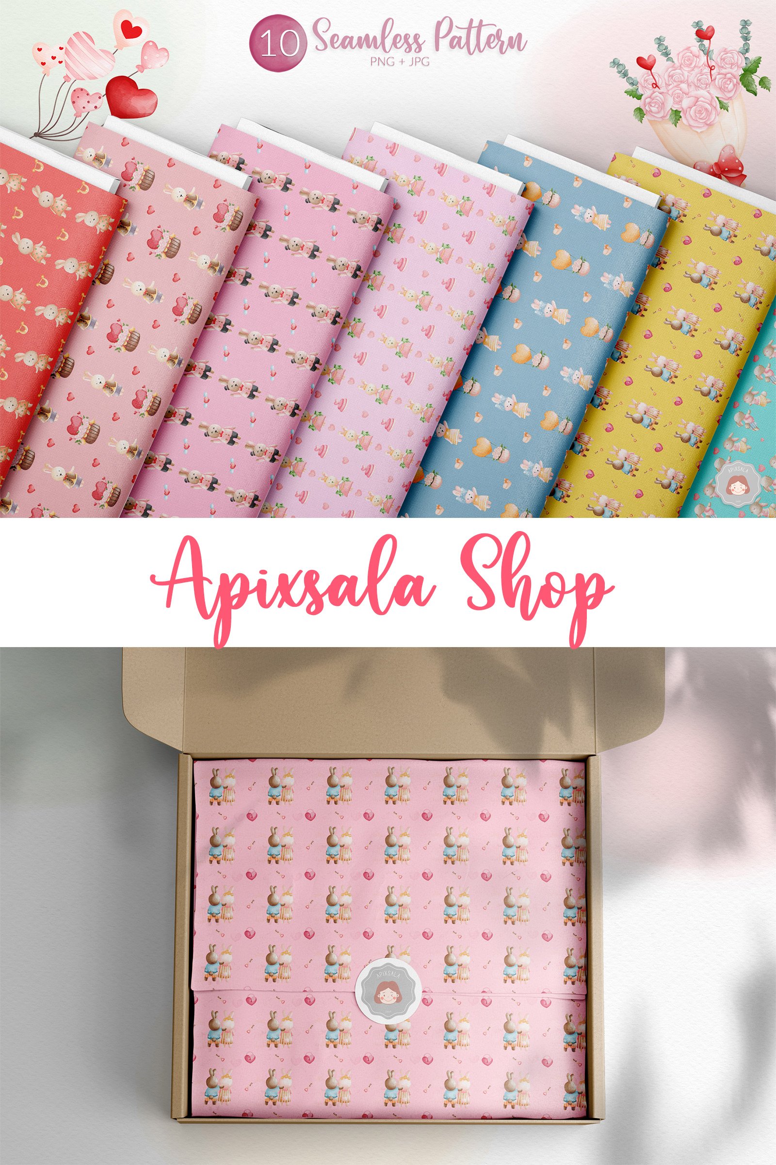 Watercolor Rabbit in love Valentine Seamless pattern