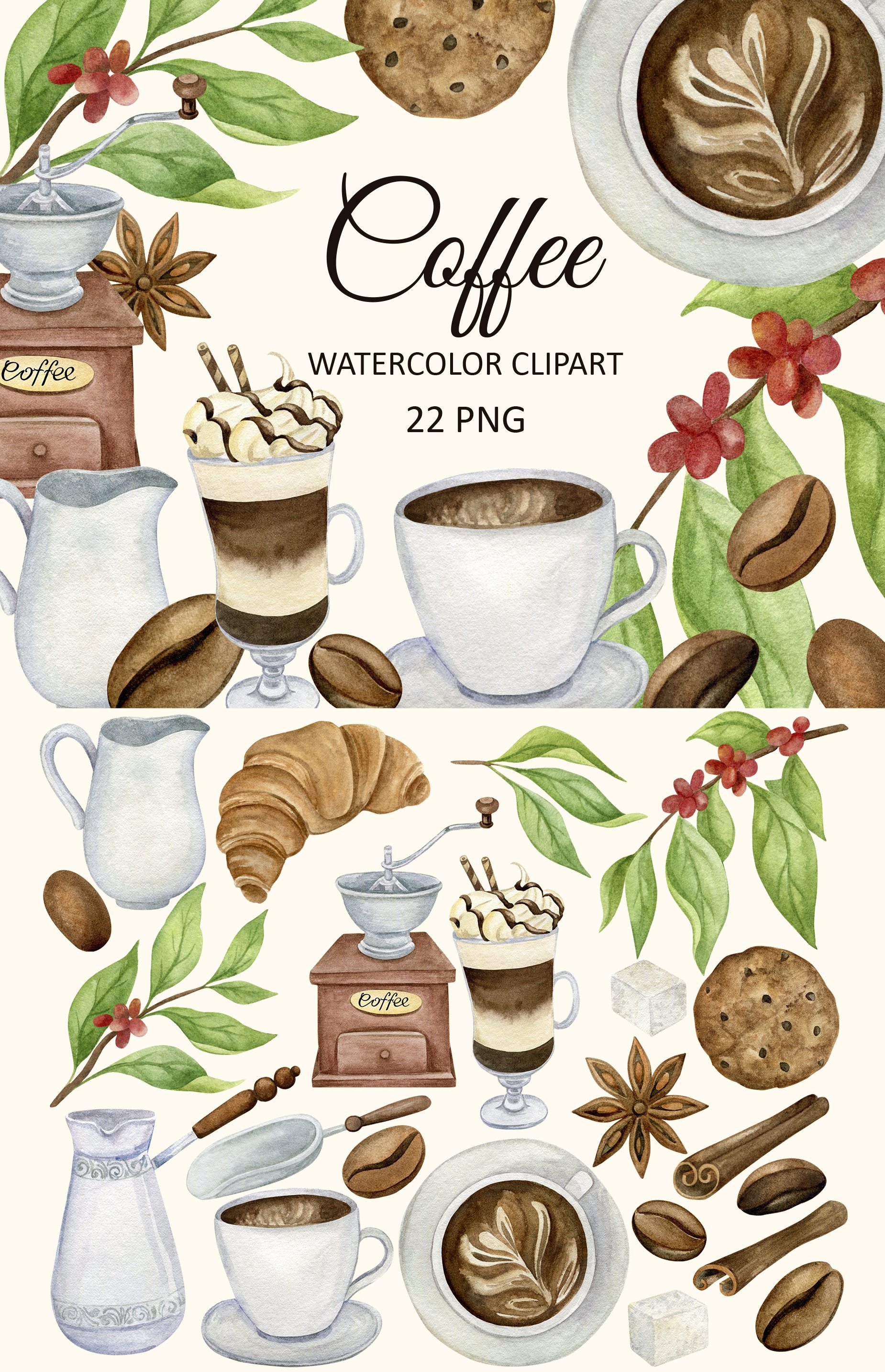 Coffee watercolor clipart, coffee beans PNG, food clip art