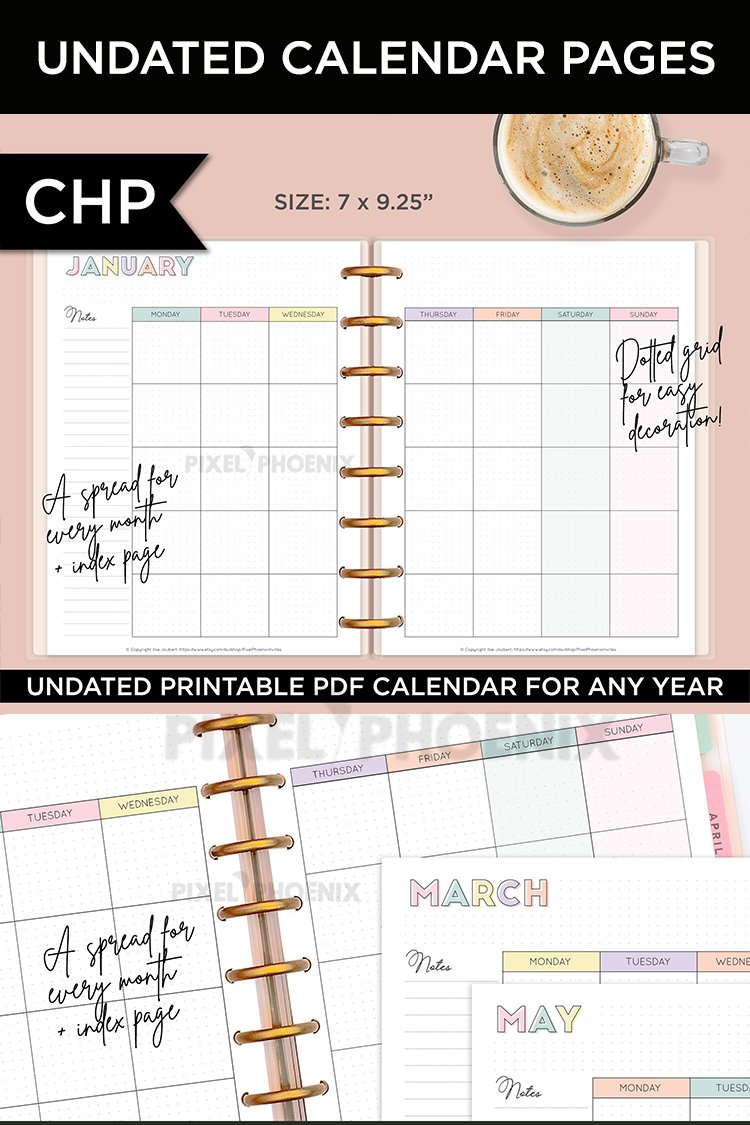 Printable Calendar pages, Undated Calendar, Classic size CHP
