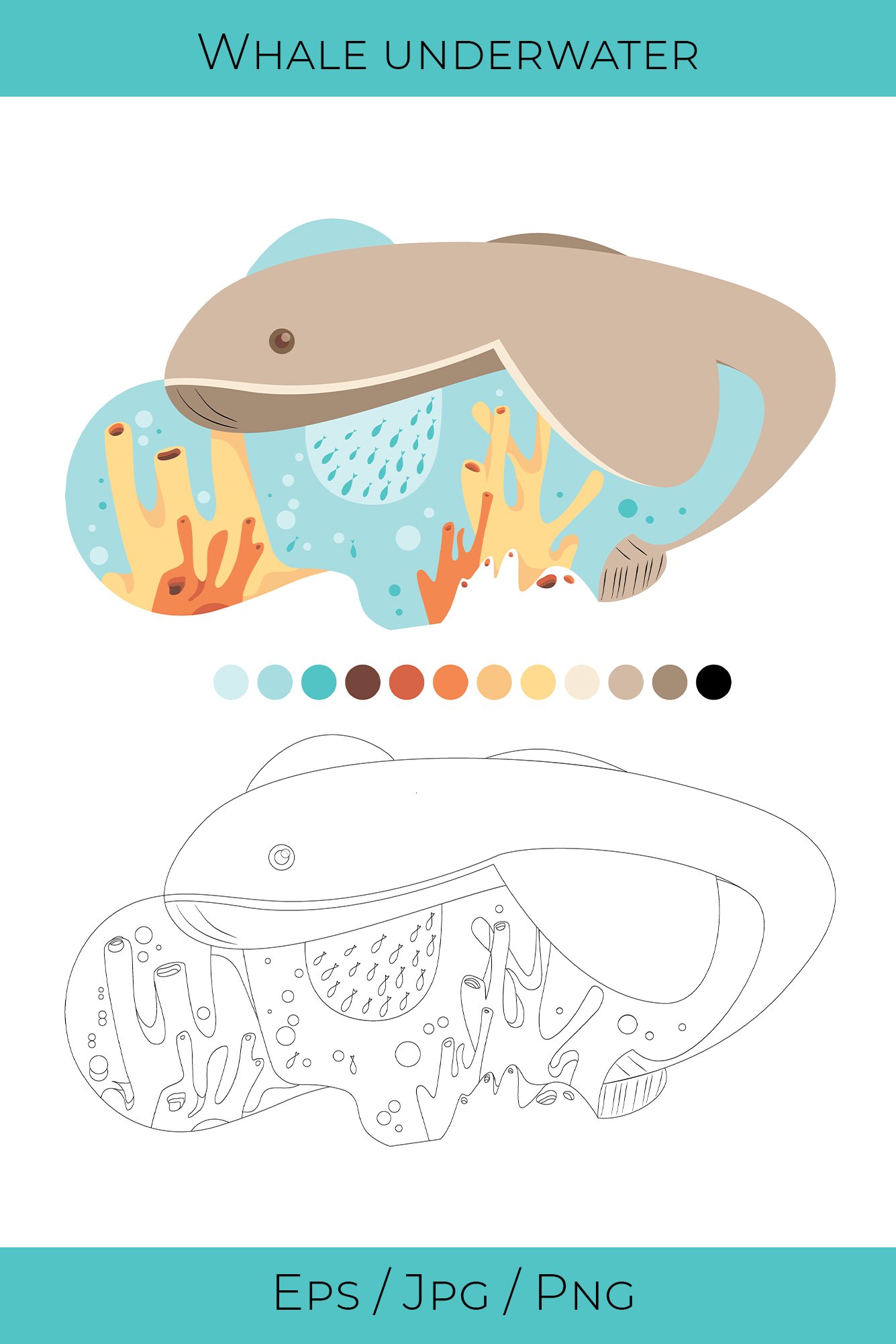 Sea whale underwater. Coloring book