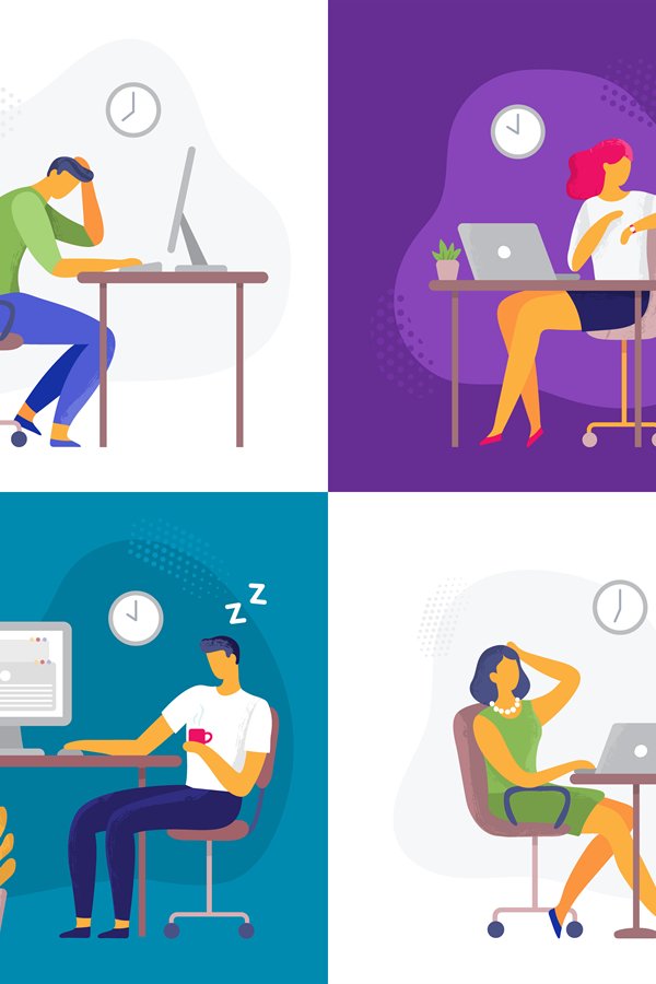 Working late. Overtime work, busy workaholic worker and empl