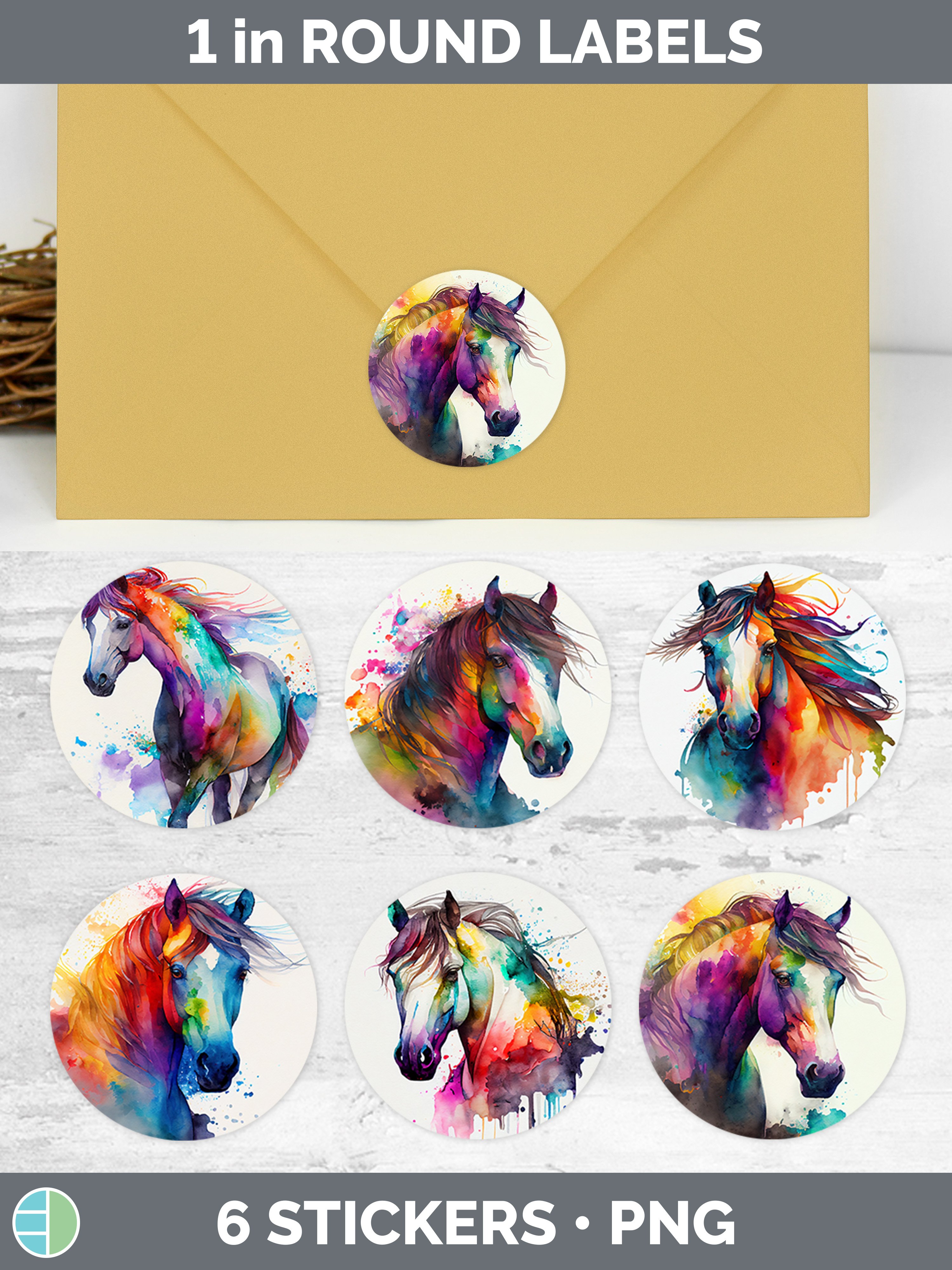 Rainbow Horse Stickers | Sticker 1in Round Labels PNG Design