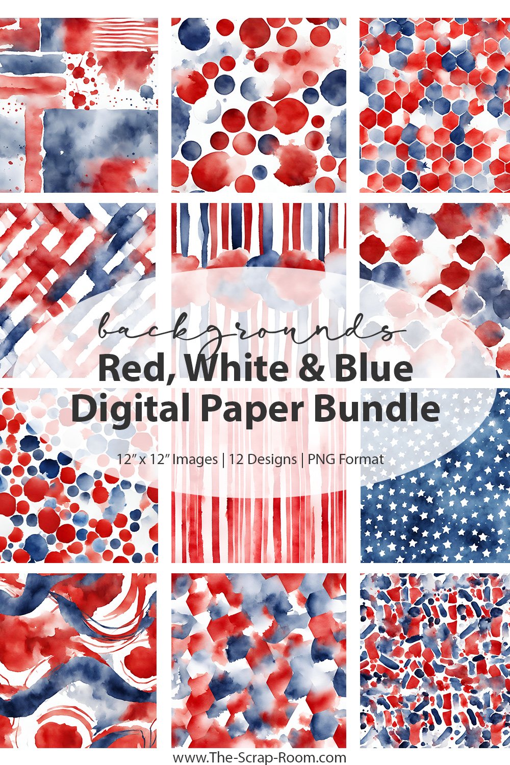 Digital Paper, printable paper bundle: Red white and blue