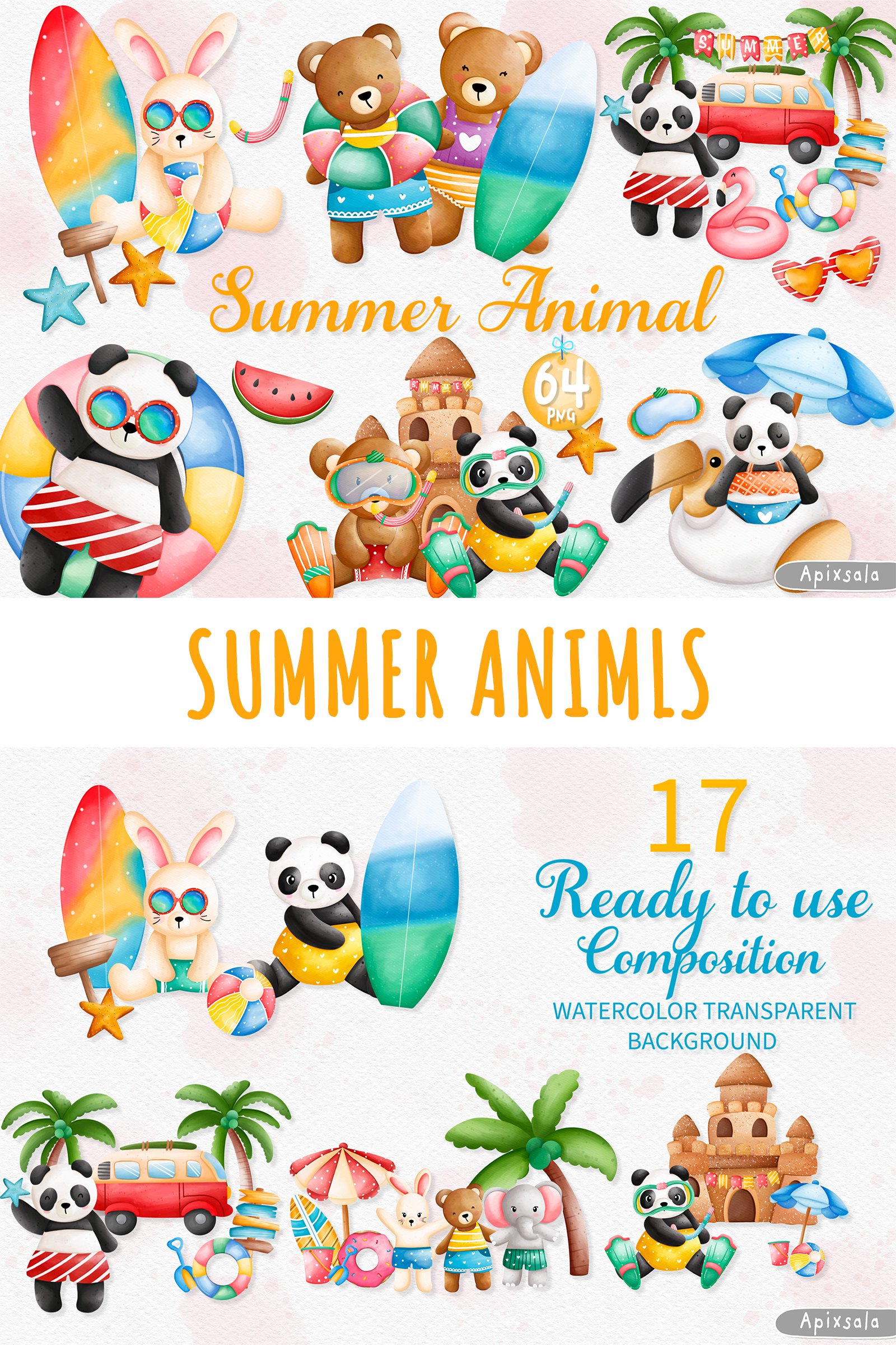 Watercolor Summer Animal and Beach Bundle |Summer Clipart