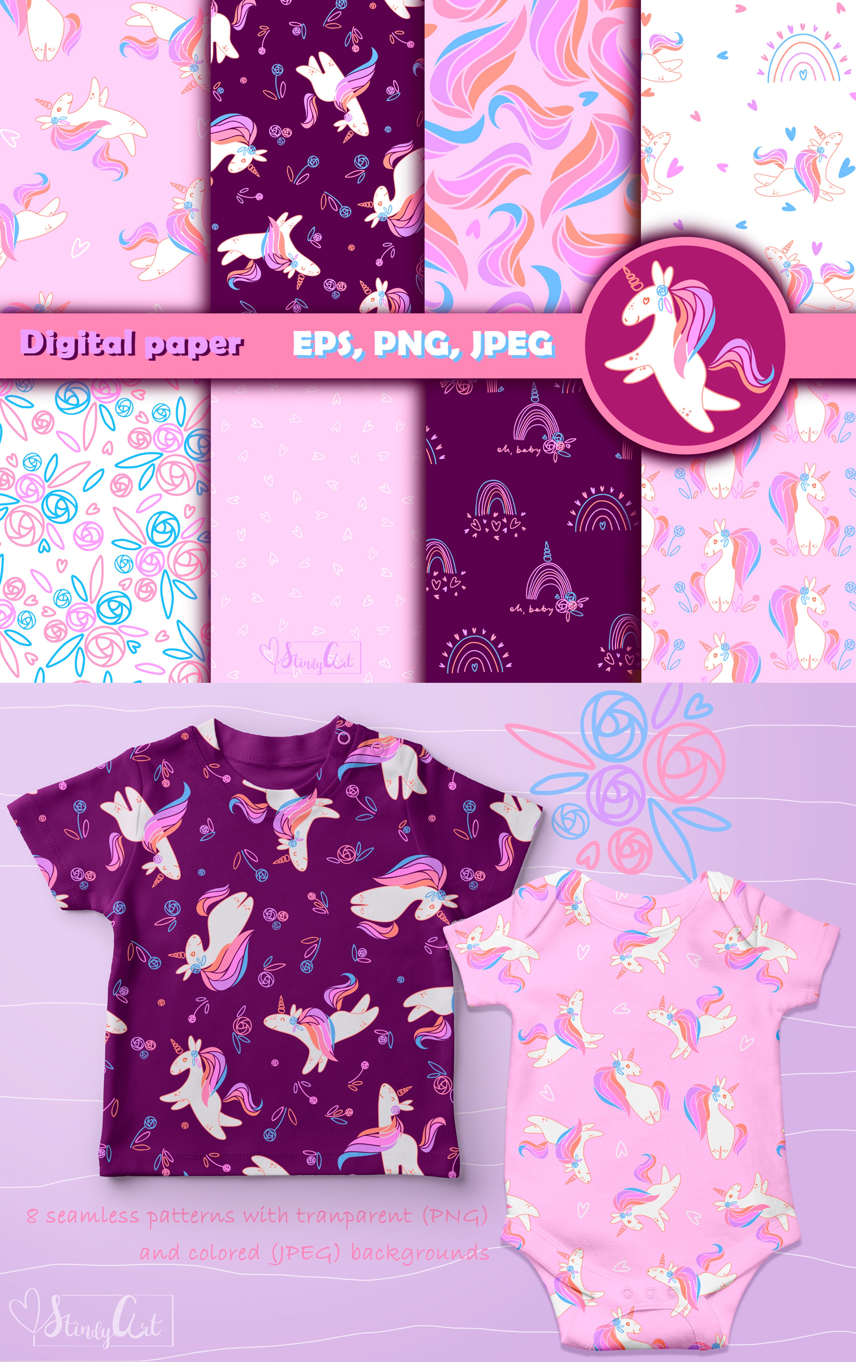 Unicorn digital paper with rainbows, flowers, hearts