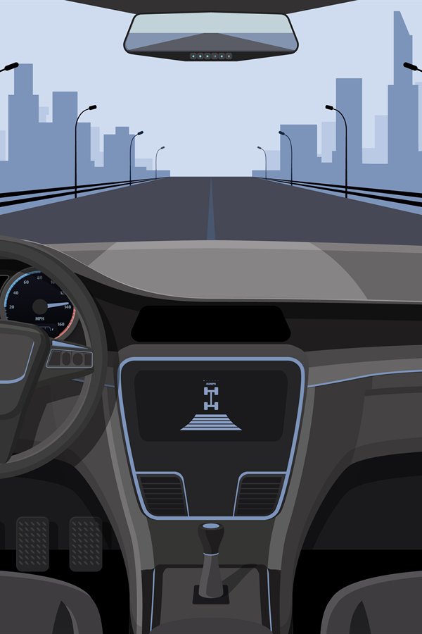 Inside car driver view with rudder, dashboard front panel an