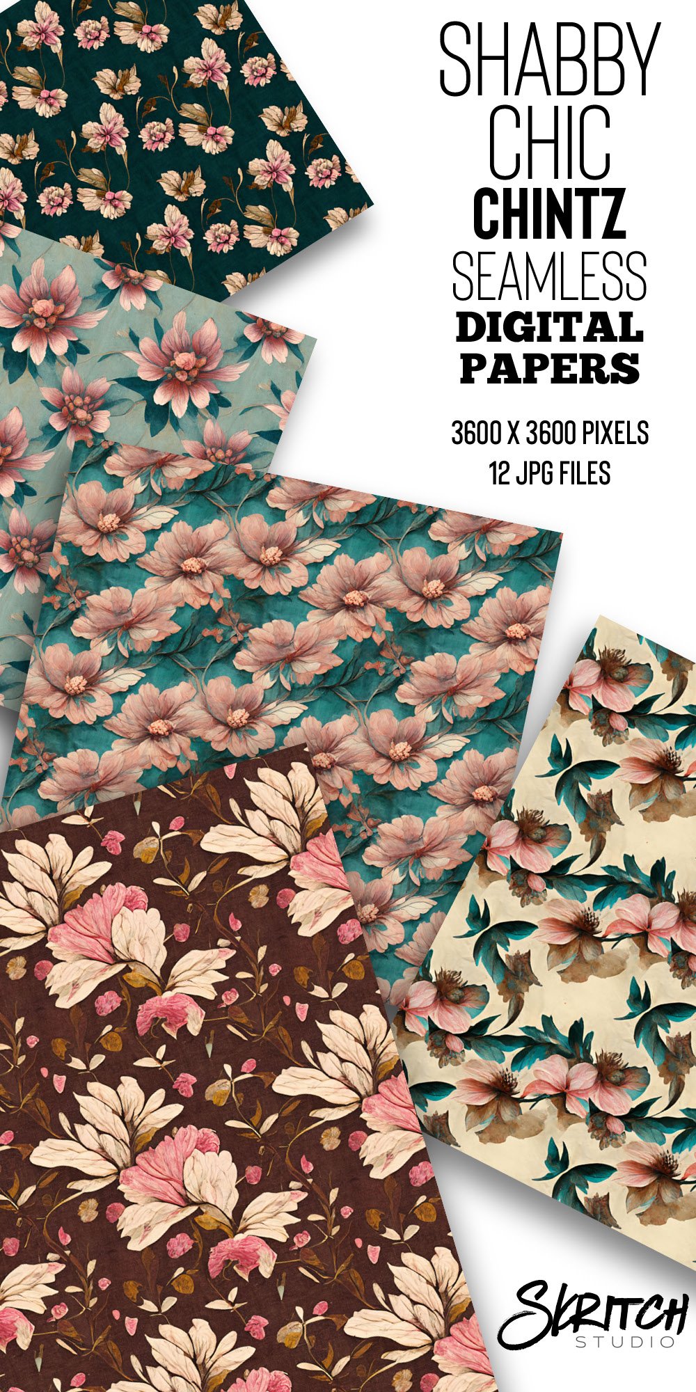 Pink Brown and Turquoise Flowers | Seamless Digital Paper